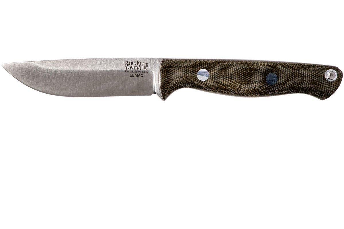 Bark River Bravo EDC Elmax rampless, Green Canvas Micarta, brown sheath ...