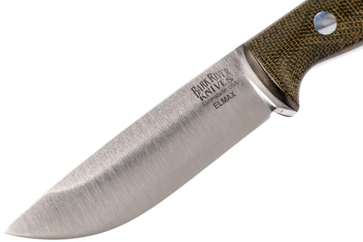 Bark River Bravo EDC Elmax rampless, Green Canvas micarta, funda marrón ...