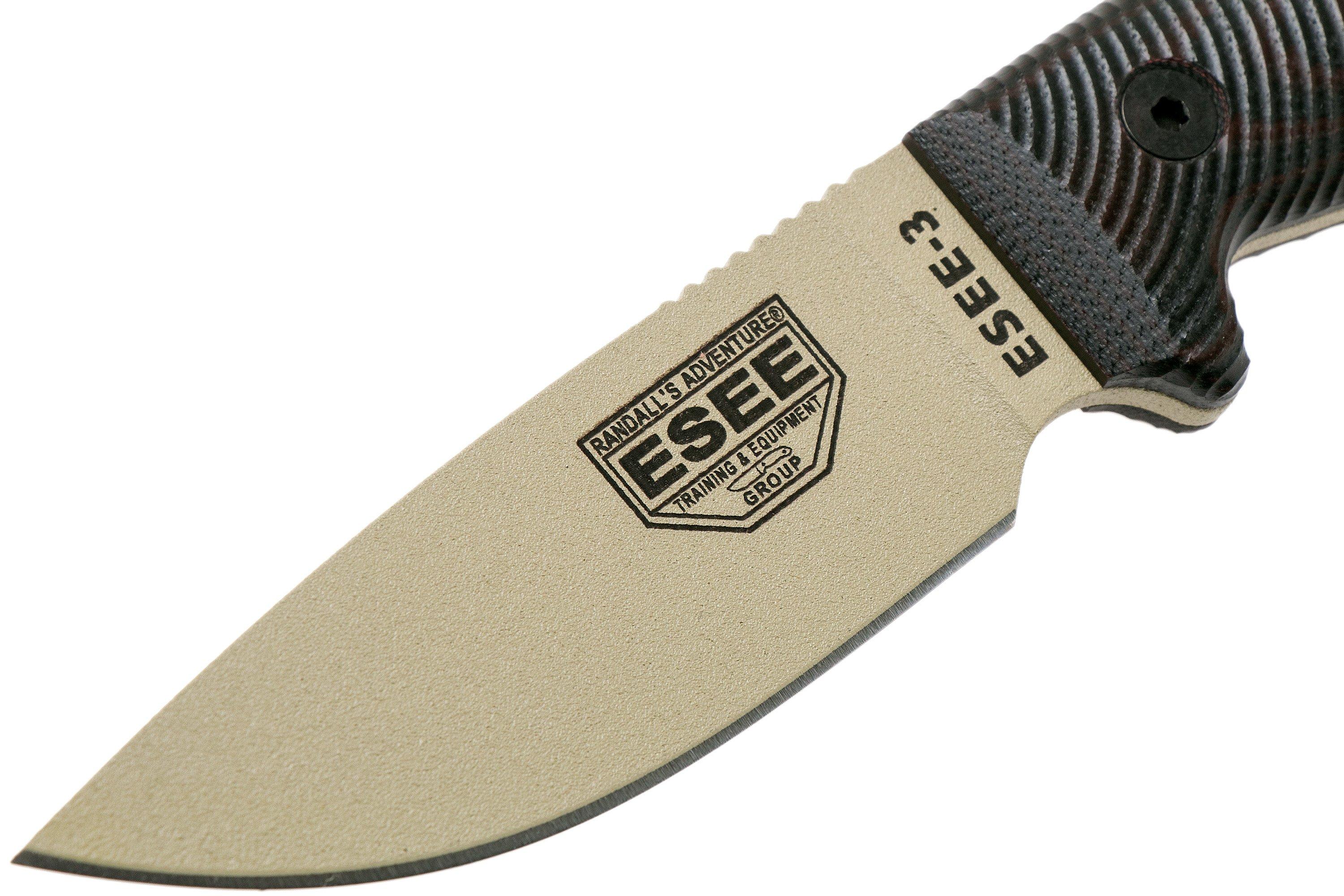 ESEE Model 3 Desert Tan Blade 3D Blood-Black G10 survival knife 3PMDT ...