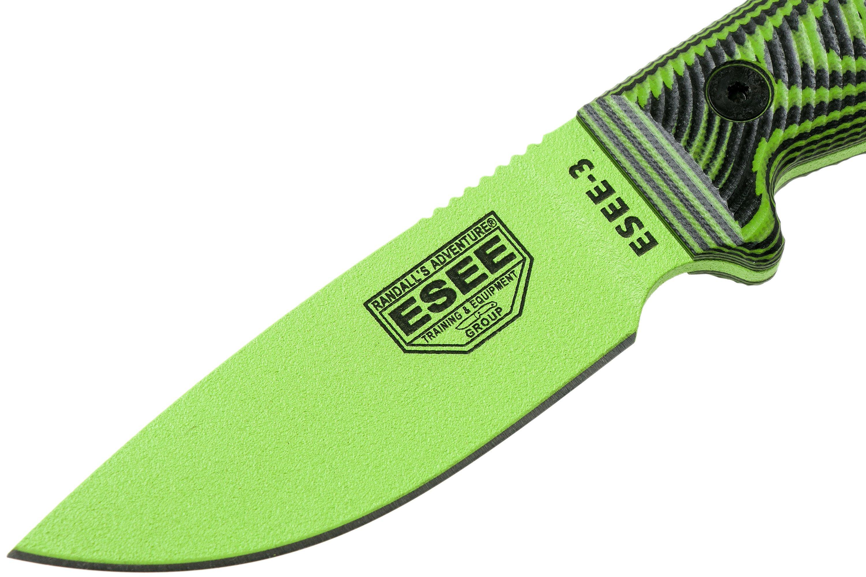 ESEE Model 3 Venom Green Blade 3D Neon Green-Black G10 survival knife ...