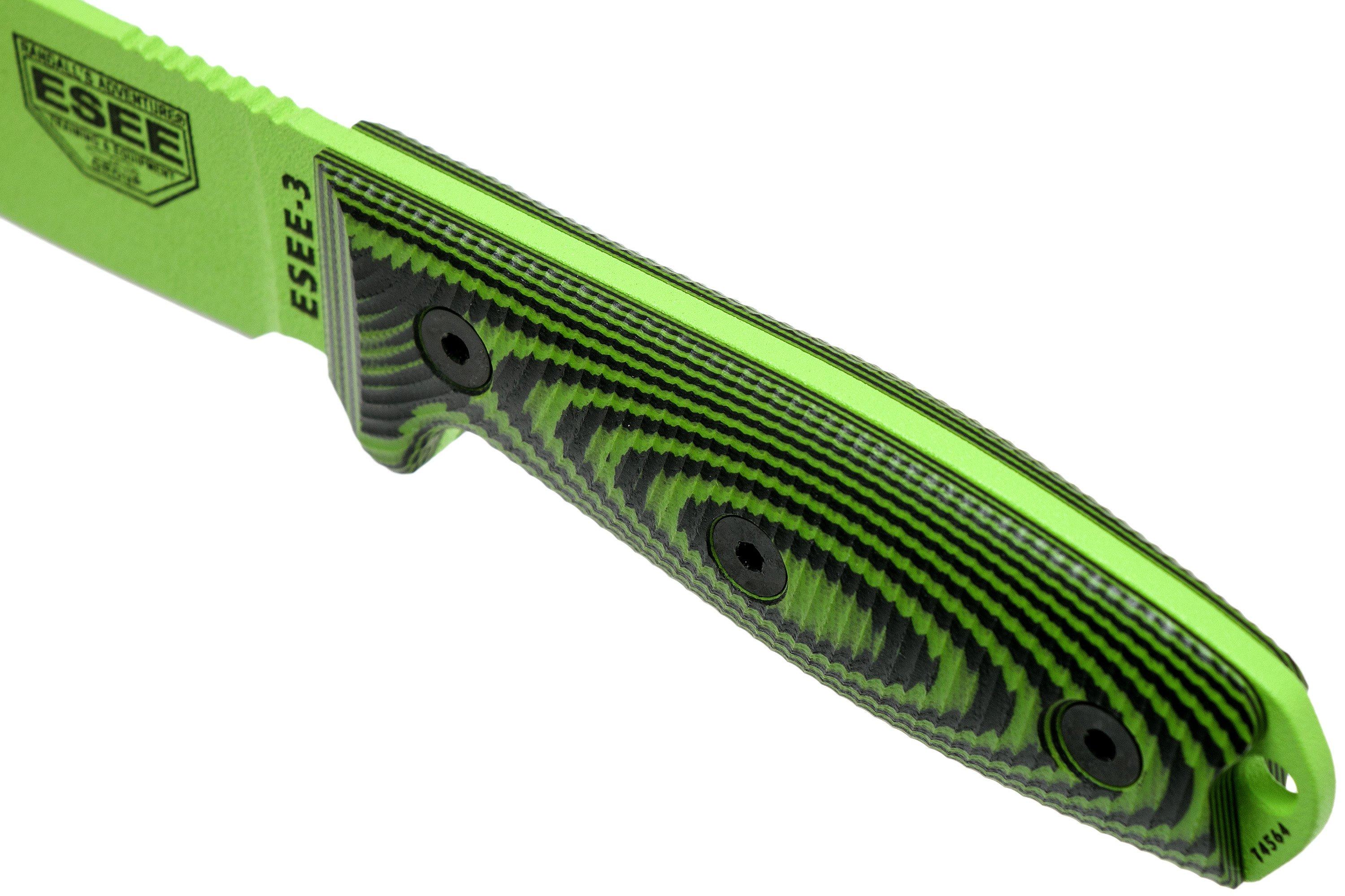 ESEE Model 3 Venom Green Blade 3D Neon Green-Black G10 survival knife ...