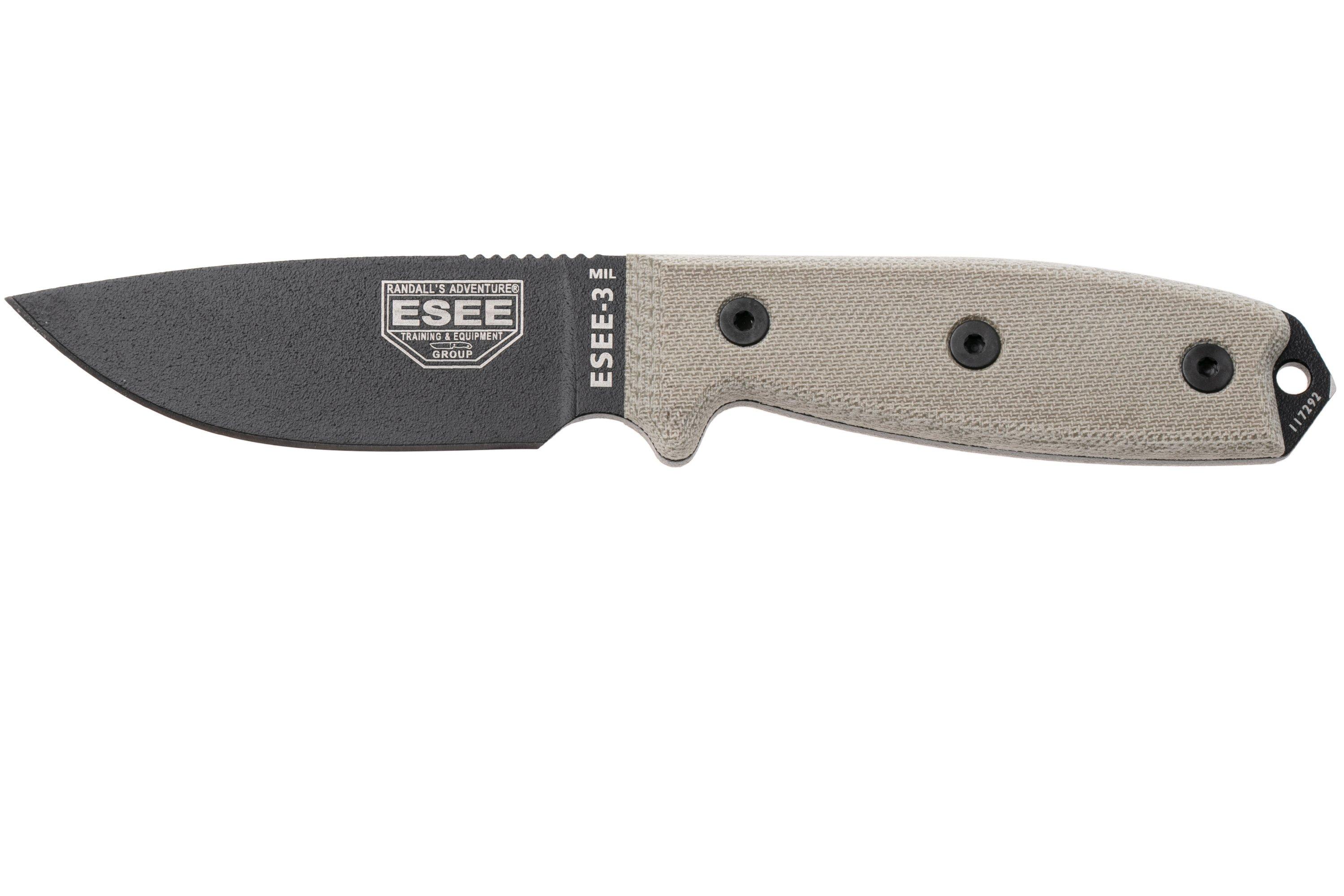ESEE Model 3 survival knife 3MIL-P-B black sheath + belt clip and MOLLE ...