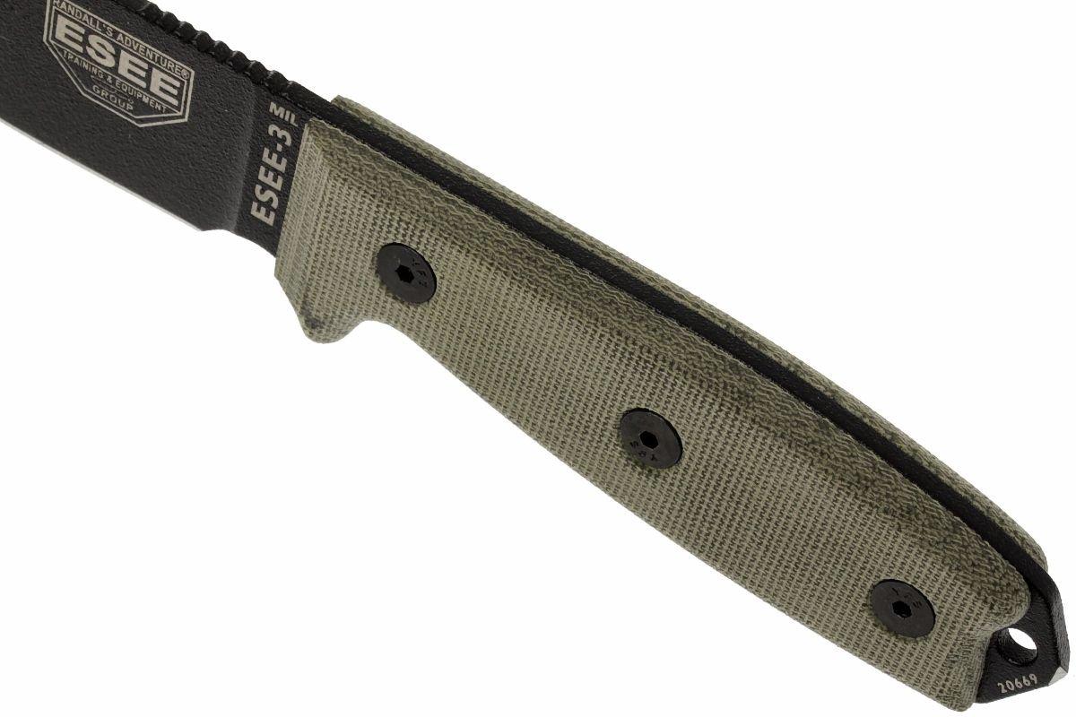 ESEE Model 3 survival knife 3MIL-P-B black sheath + belt clip and MOLLE ...