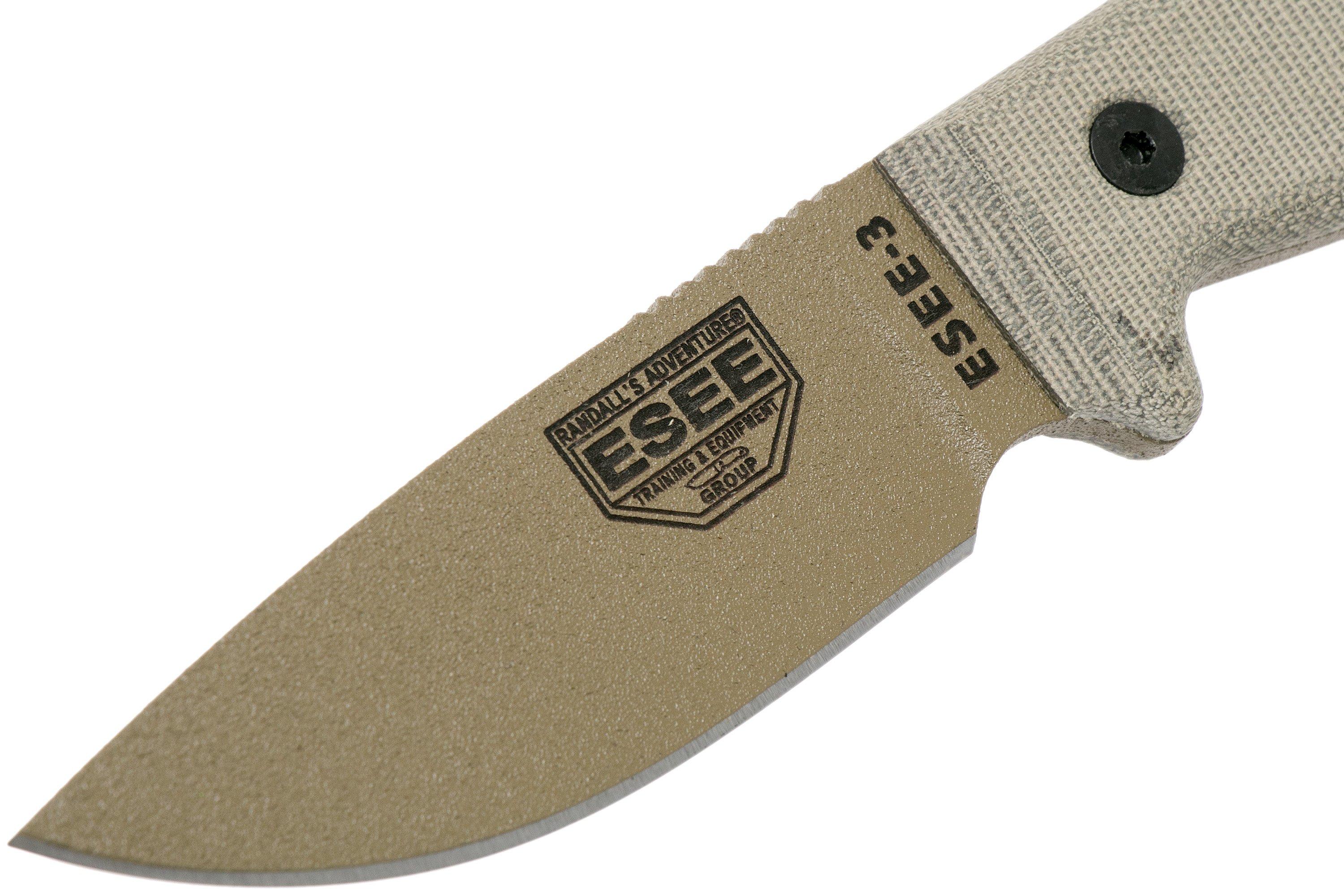 ESEE Model 3 dark earth blade, grey handle 3P-MB-DE with sheath + clip ...