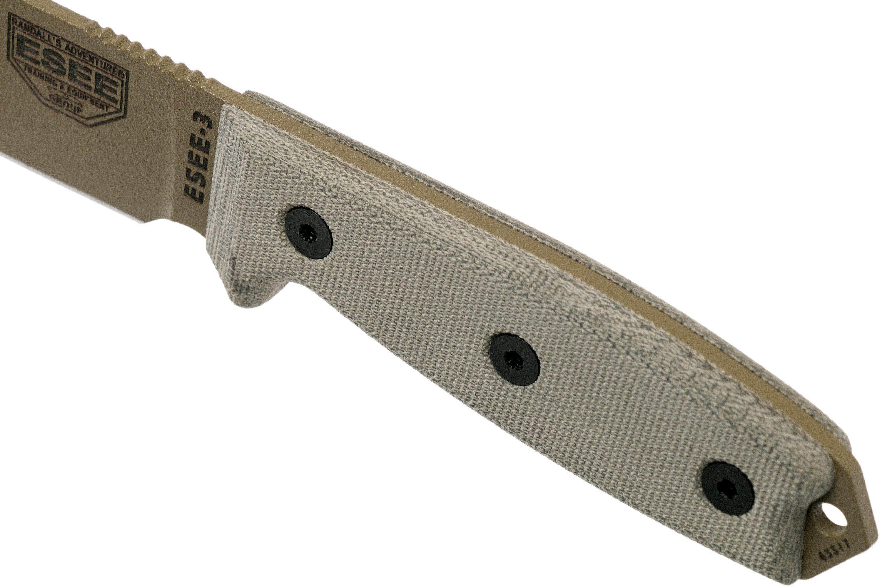 ESEE Model 3 dark earth blade, grey handle 3P-MB-DE with sheath + clip ...