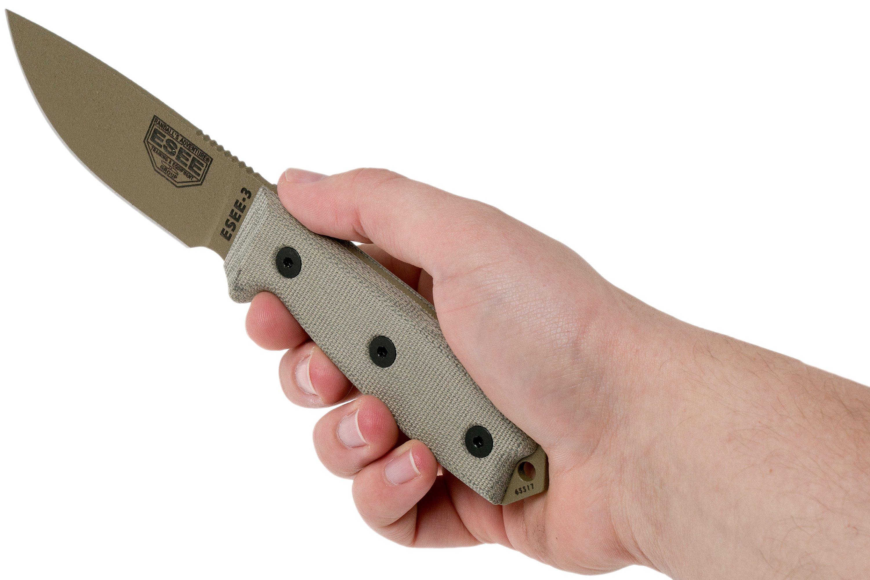 ESEE Model 3 dark earth blade, grey handle 3P-MB-DE with sheath + clip ...