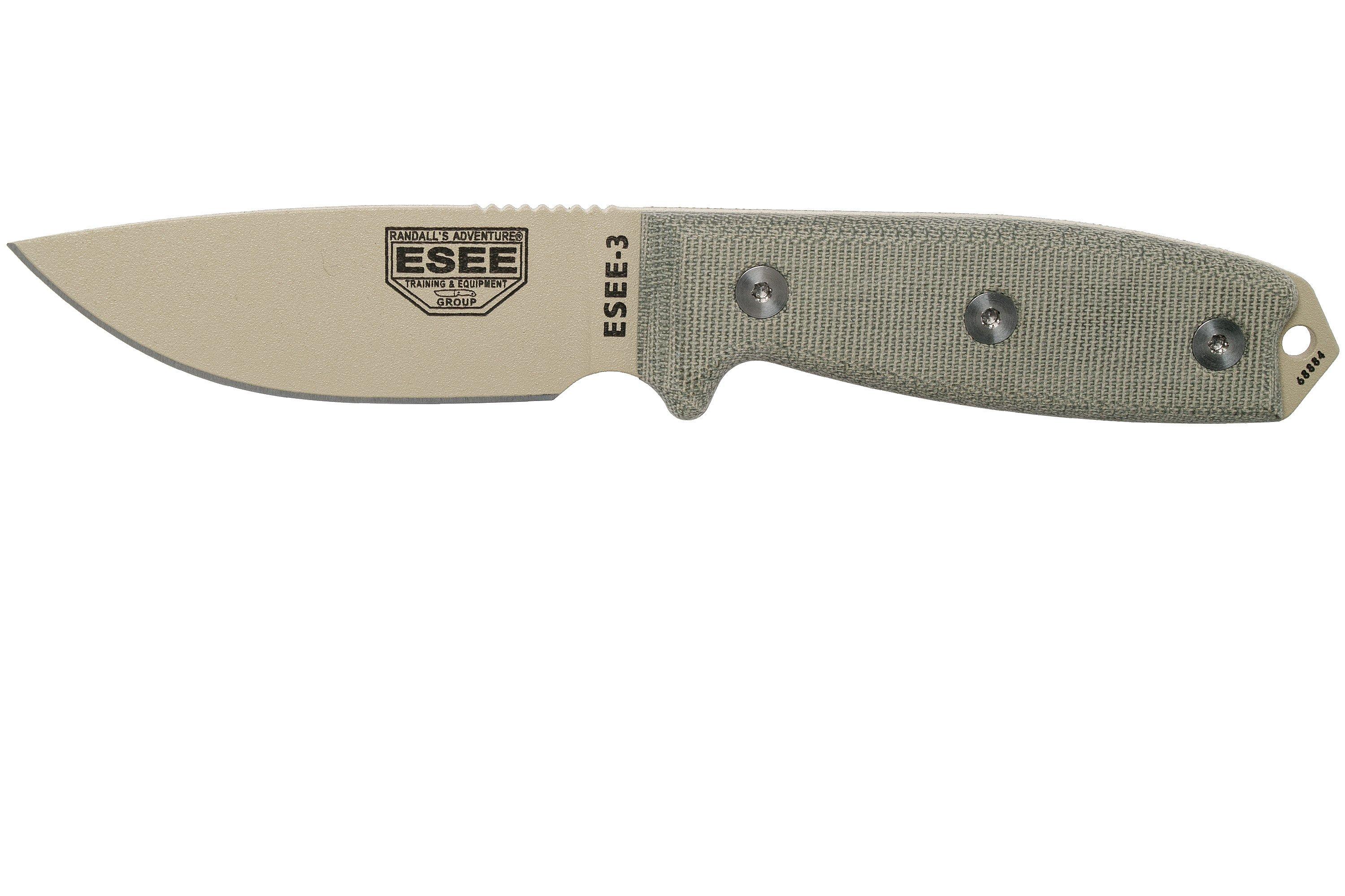 ESEE Model 3 desert tan blade, grey handle 3P-MB-DT with sheath + clip ...