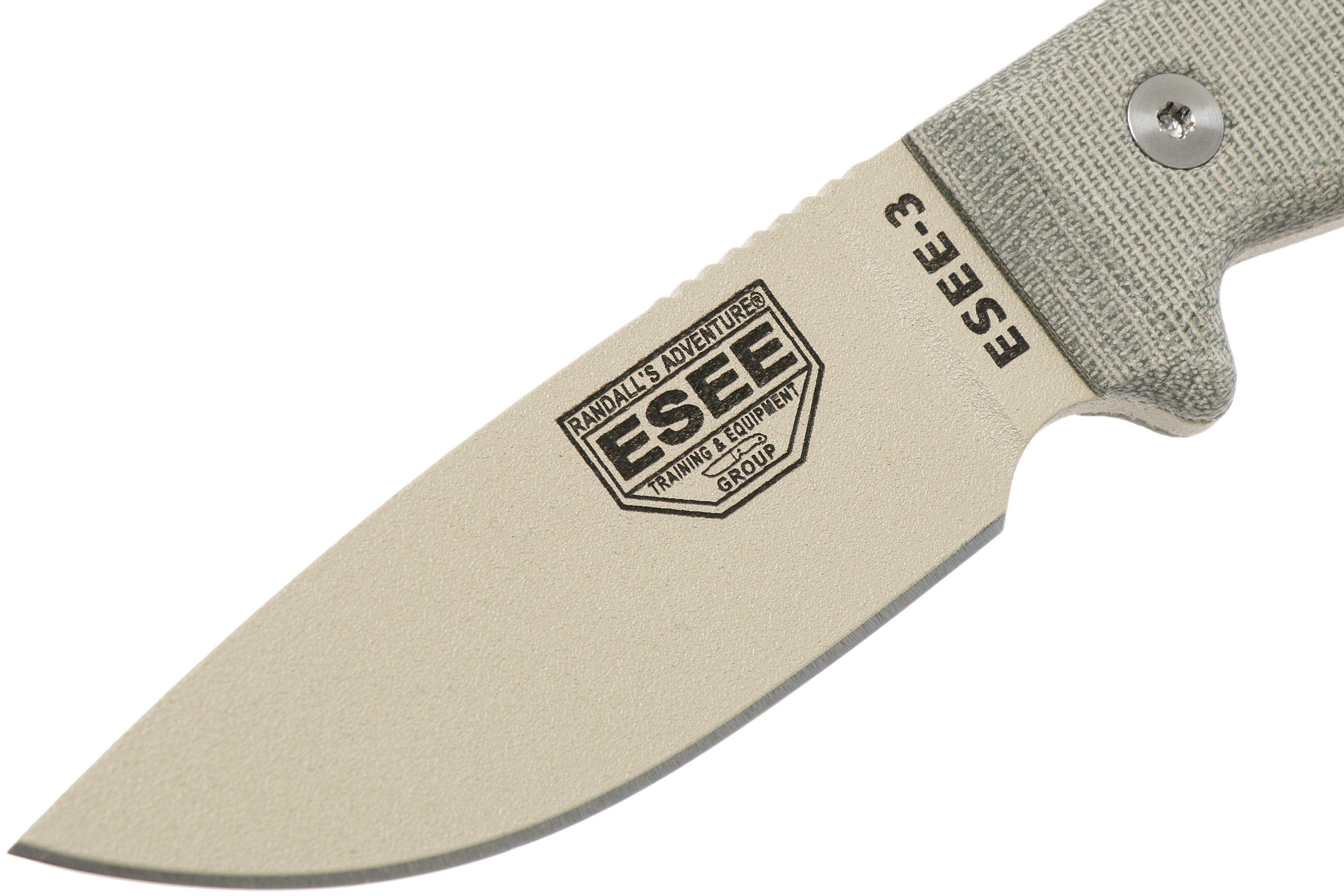 ESEE Model 3 desert tan blade, grey handle 3P-MB-DT with sheath + clip ...