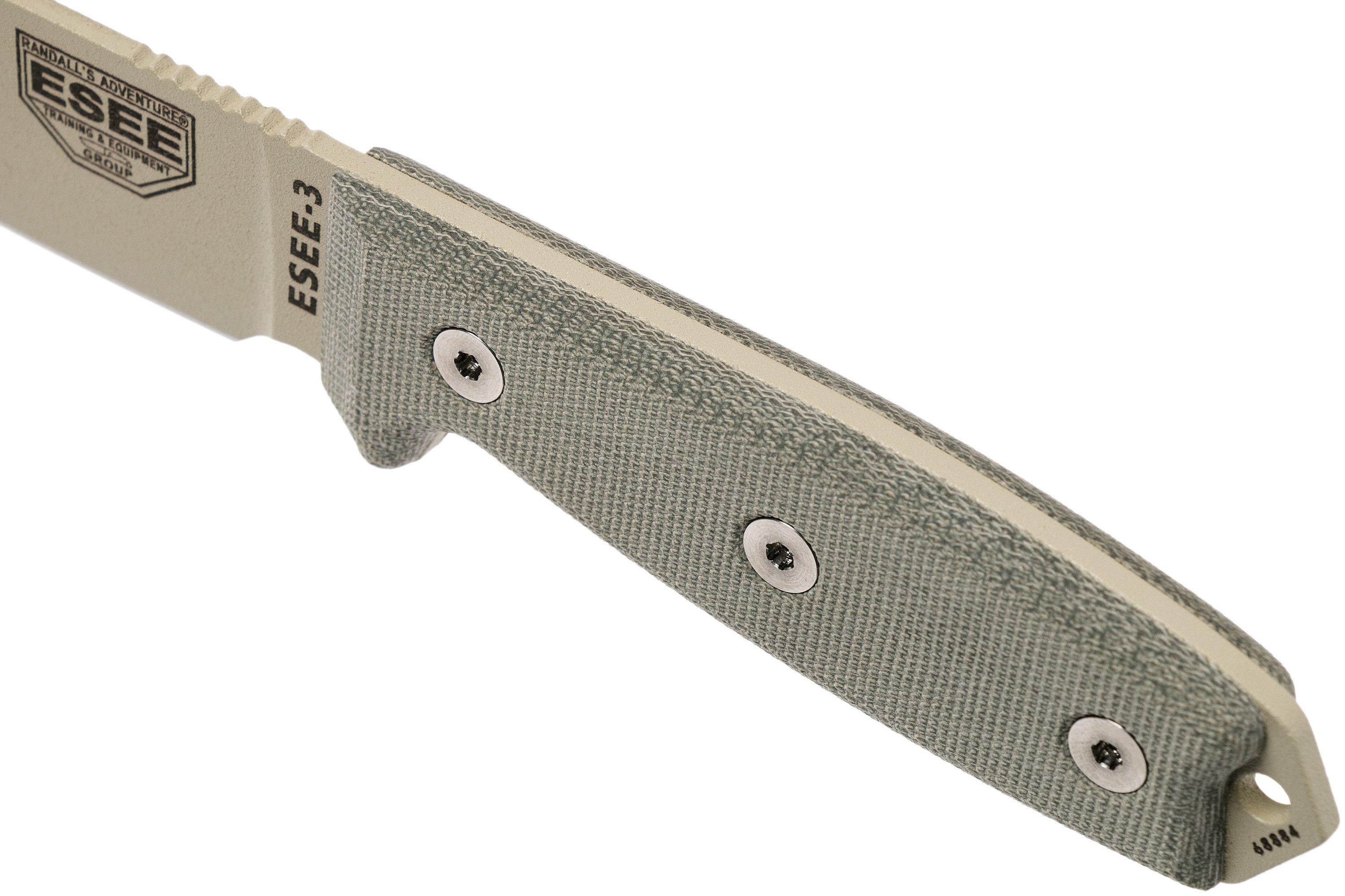 ESEE Model 3 desert tan blade, grey handle 3P-MB-DT with sheath + clip ...