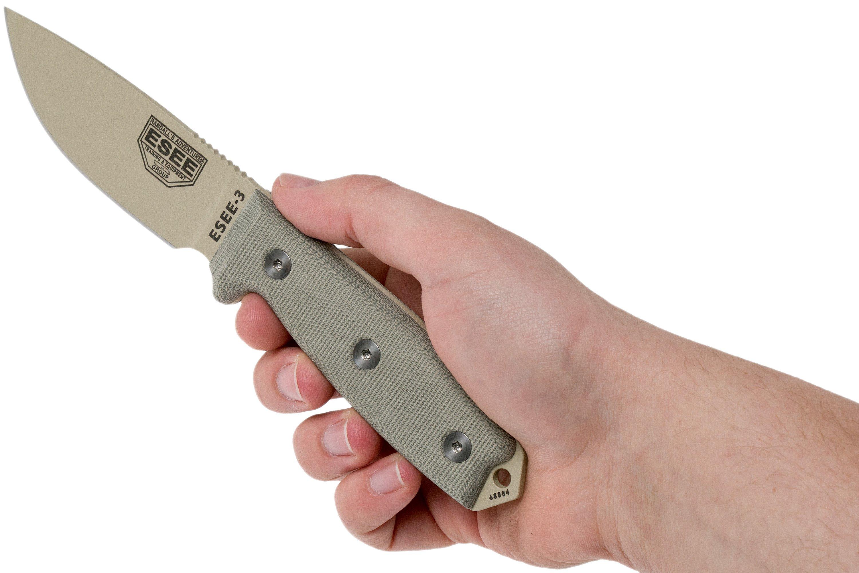 ESEE Model 3 desert tan blade, grey handle 3P-MB-DT with sheath + clip ...