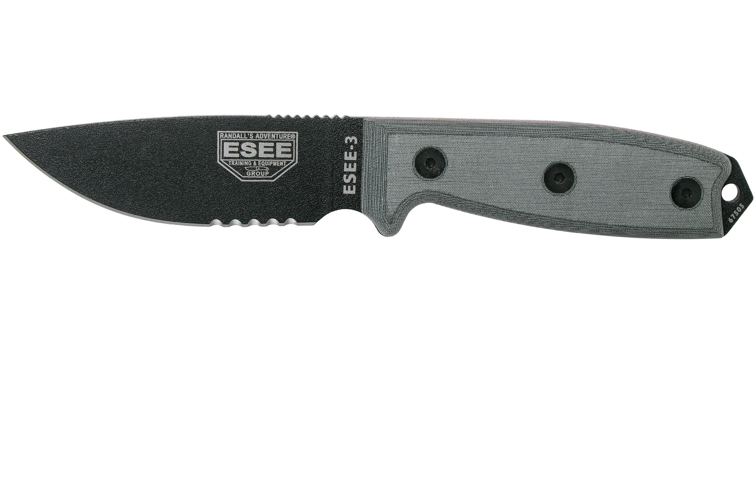 ESEE Model 3 serrated, grey handle 3S with sheath + clip ...