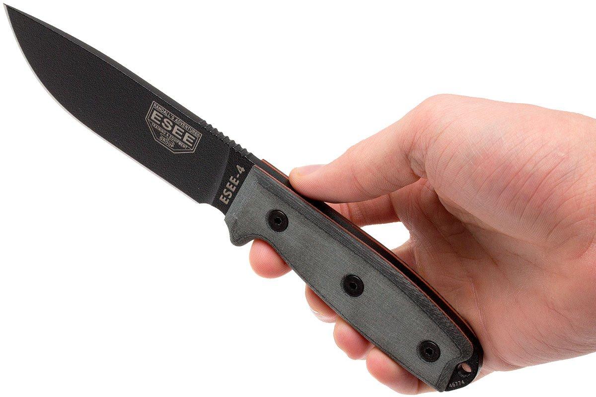 ESEE Model 4 black blade, grey handle 4P-MB with coyote sheath + clip ...