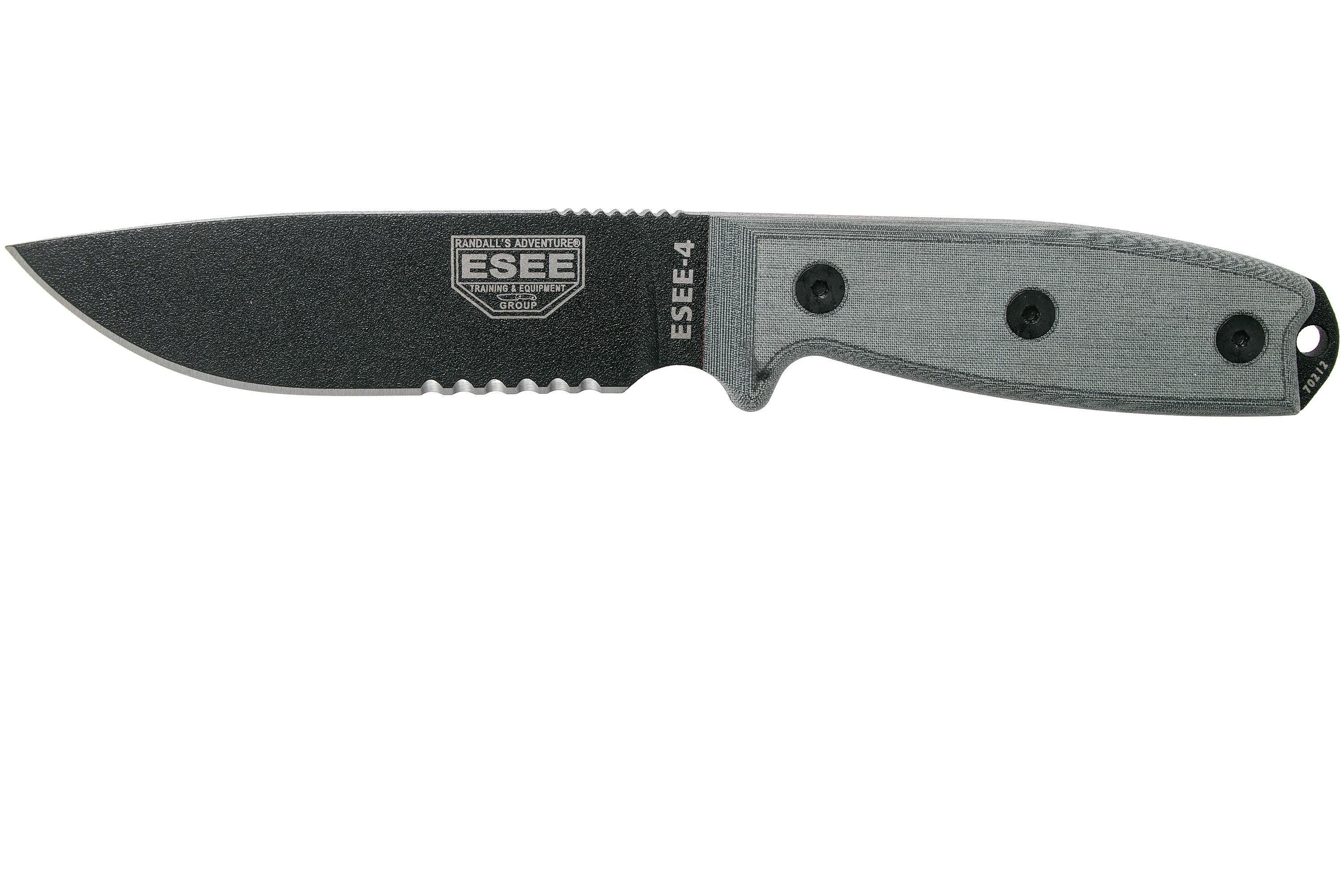 ESEE Model 4 serrated blade, grey handle 4S-MB-B with black sheath ...