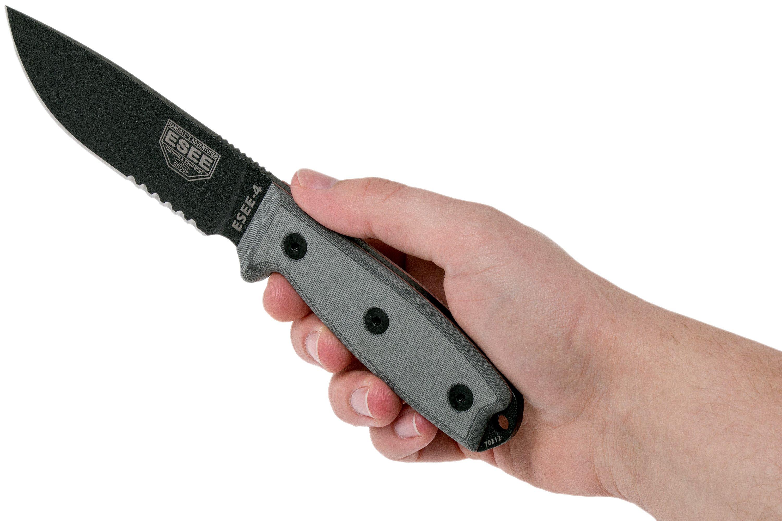 ESEE Model 4 lama seghettata, manico grigio 4S-MB-B con fodero nero ...