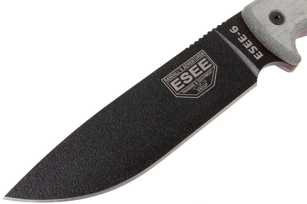 ESEE Model 6 black blade, grey handle 6P with brown sheath + belt clip ...