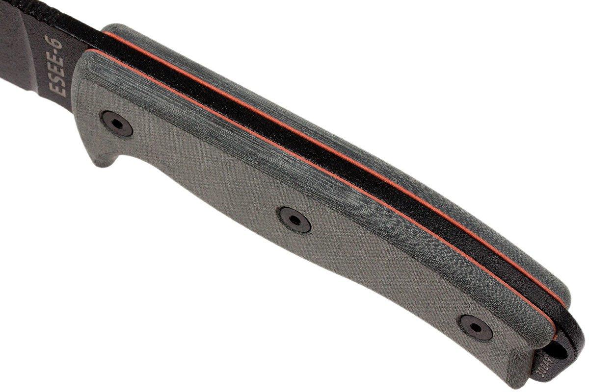 ESEE Model 6 black blade, grey handle 6P with brown sheath + belt clip ...