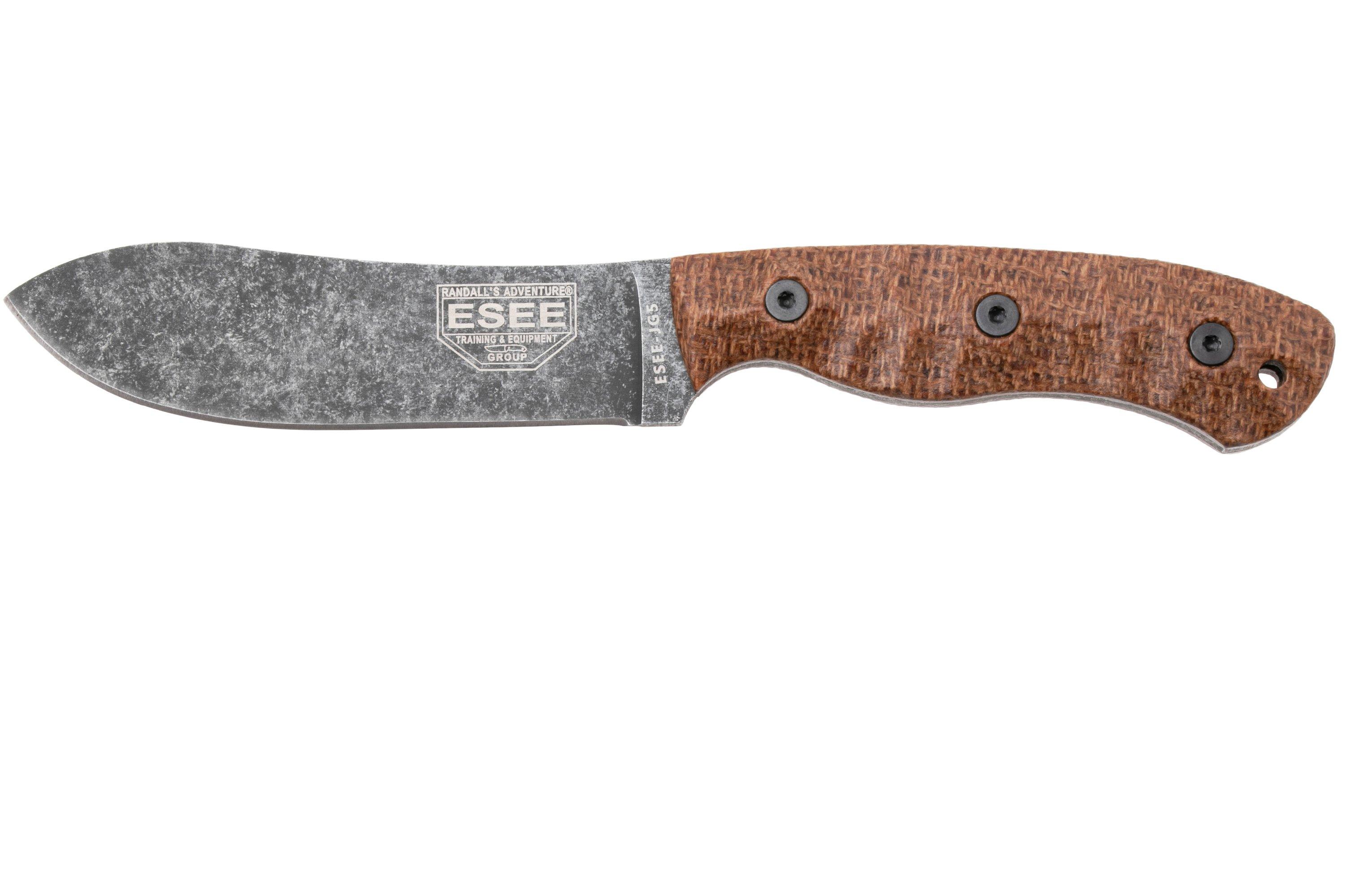 ESEE JG5, ESEE-JG5-BM, 1095 Stonewashed Black Oxide, Brown Burlap Micarta, outdoor knife, James ...
