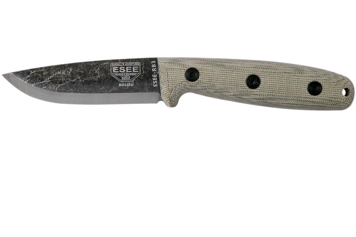ESEE RB3 Bolieu Camp-Lore, scandi grind, leather sheath, Reuben Bolieu ...