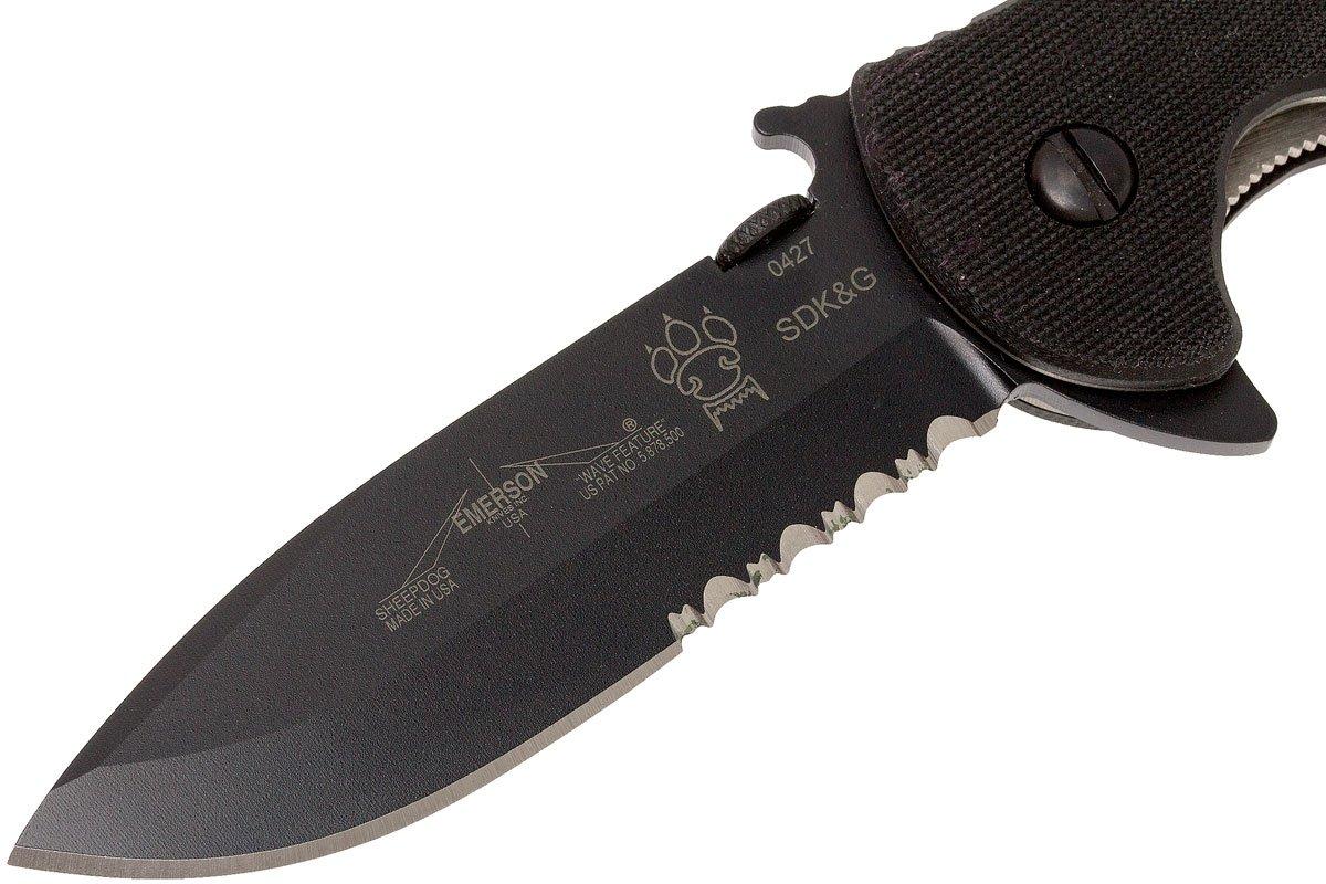 Emerson Sheepdog Spearpoint Black, BTS Serrated | Advantageously ...