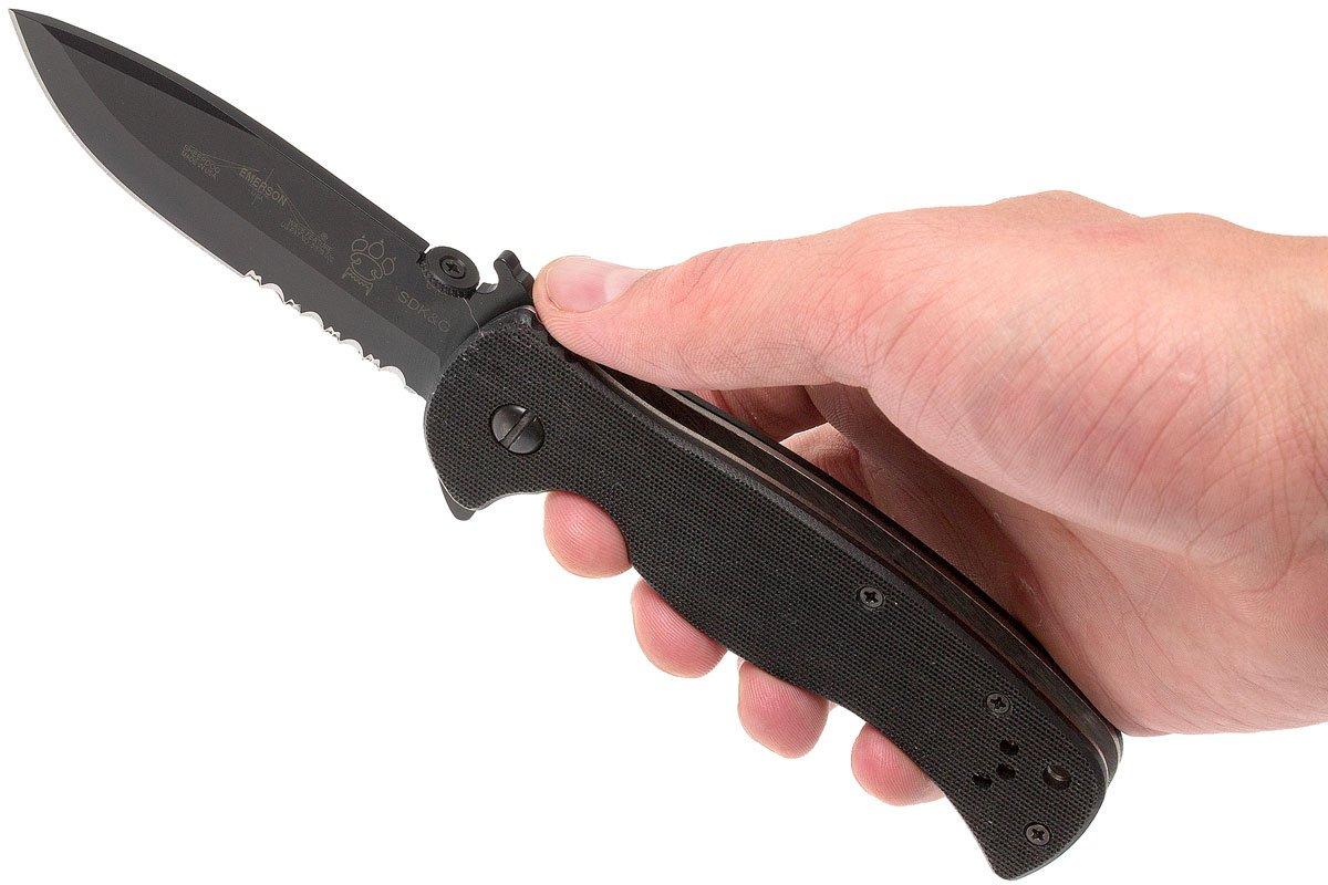 Emerson Sheepdog Spearpoint Black, BTS Serrated | Advantageously ...