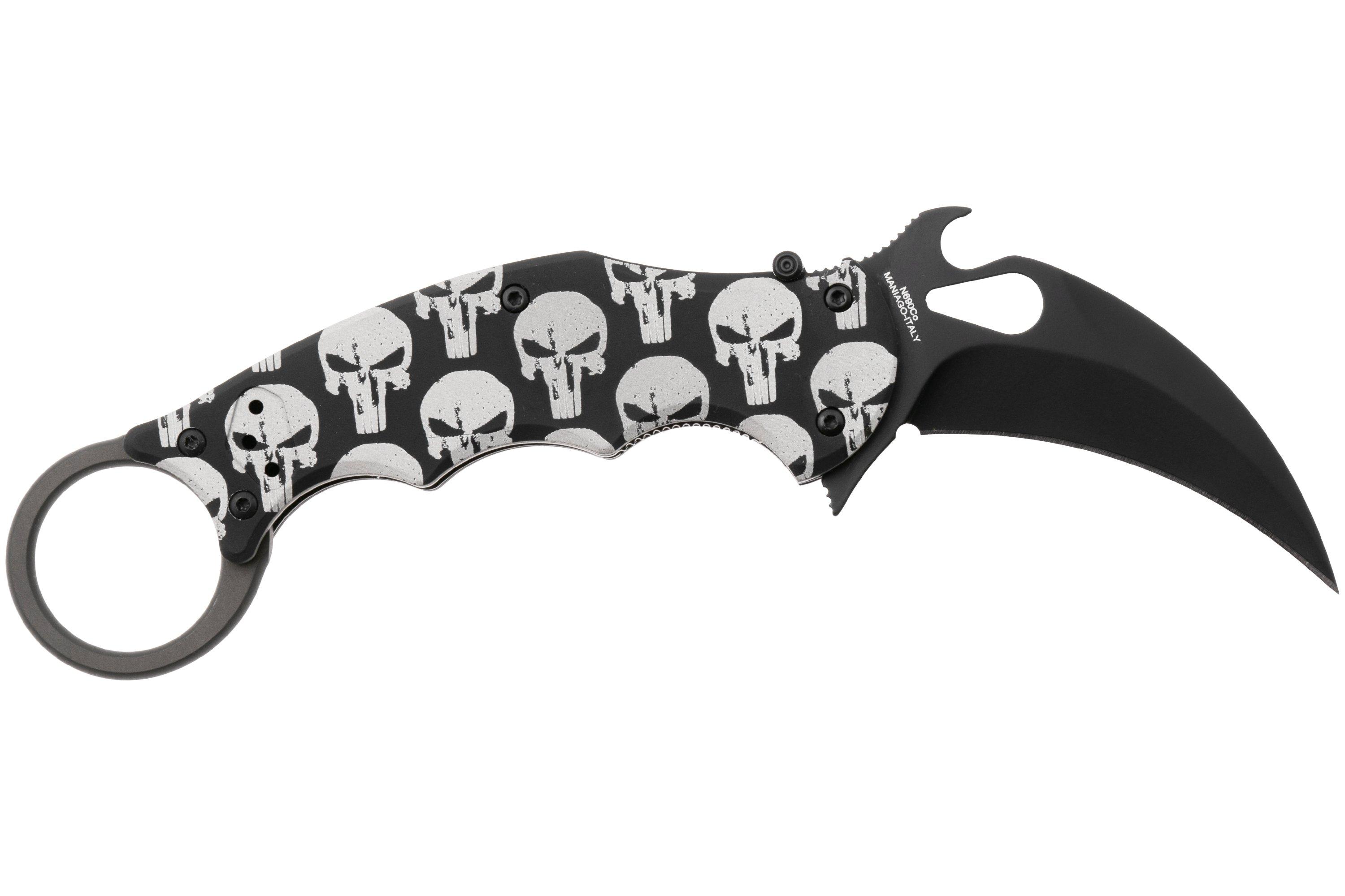 Fox FX-599 ALB-5 Skull Pattern, Black Idroglider Böhler N690Co, Engraved Aluminum, faca karambit ...