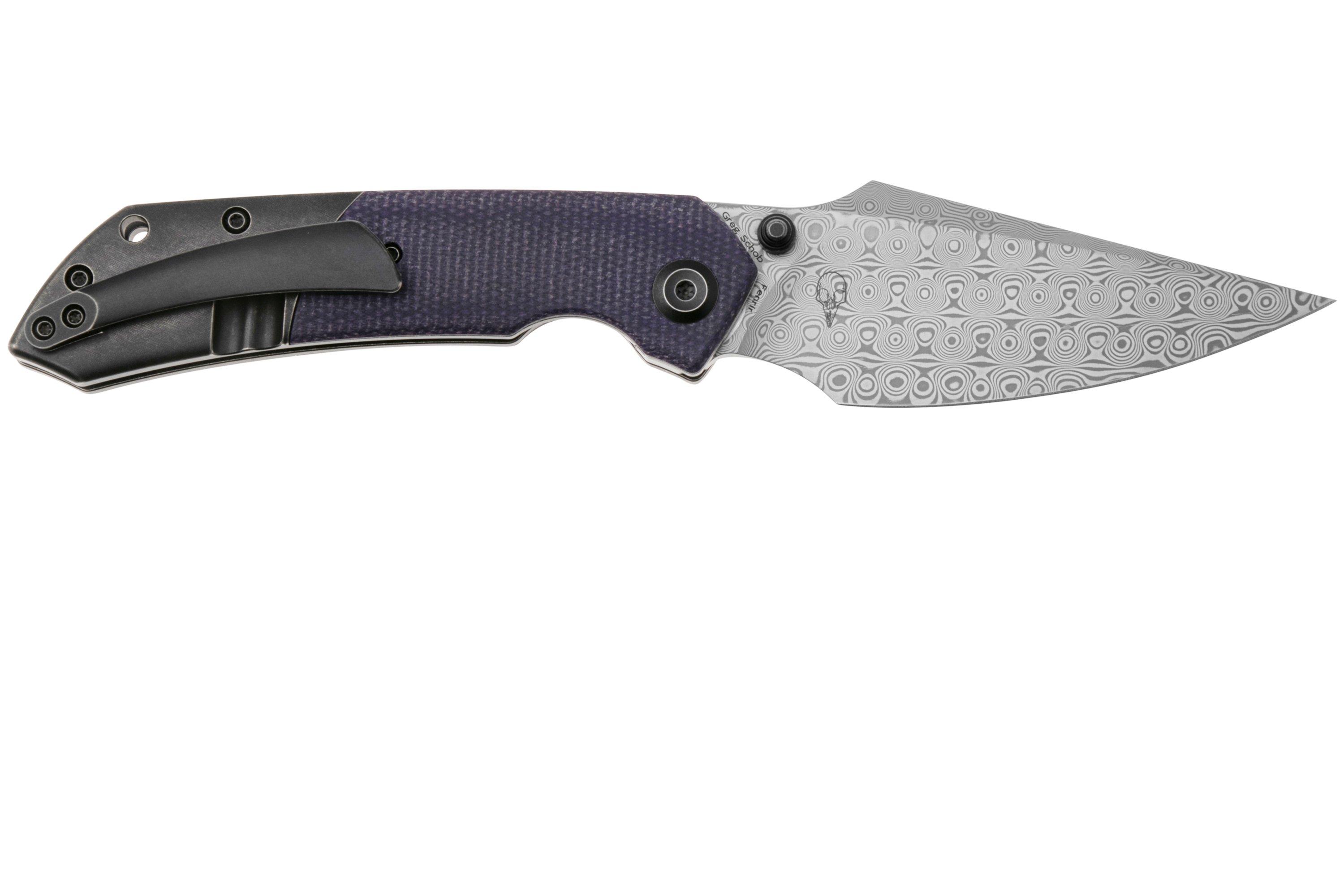 Kansept Fenrir K1034Z2 Damascus, Blackwashed Titanium, Purple Micarta, pocket knife, Greg Schob ...