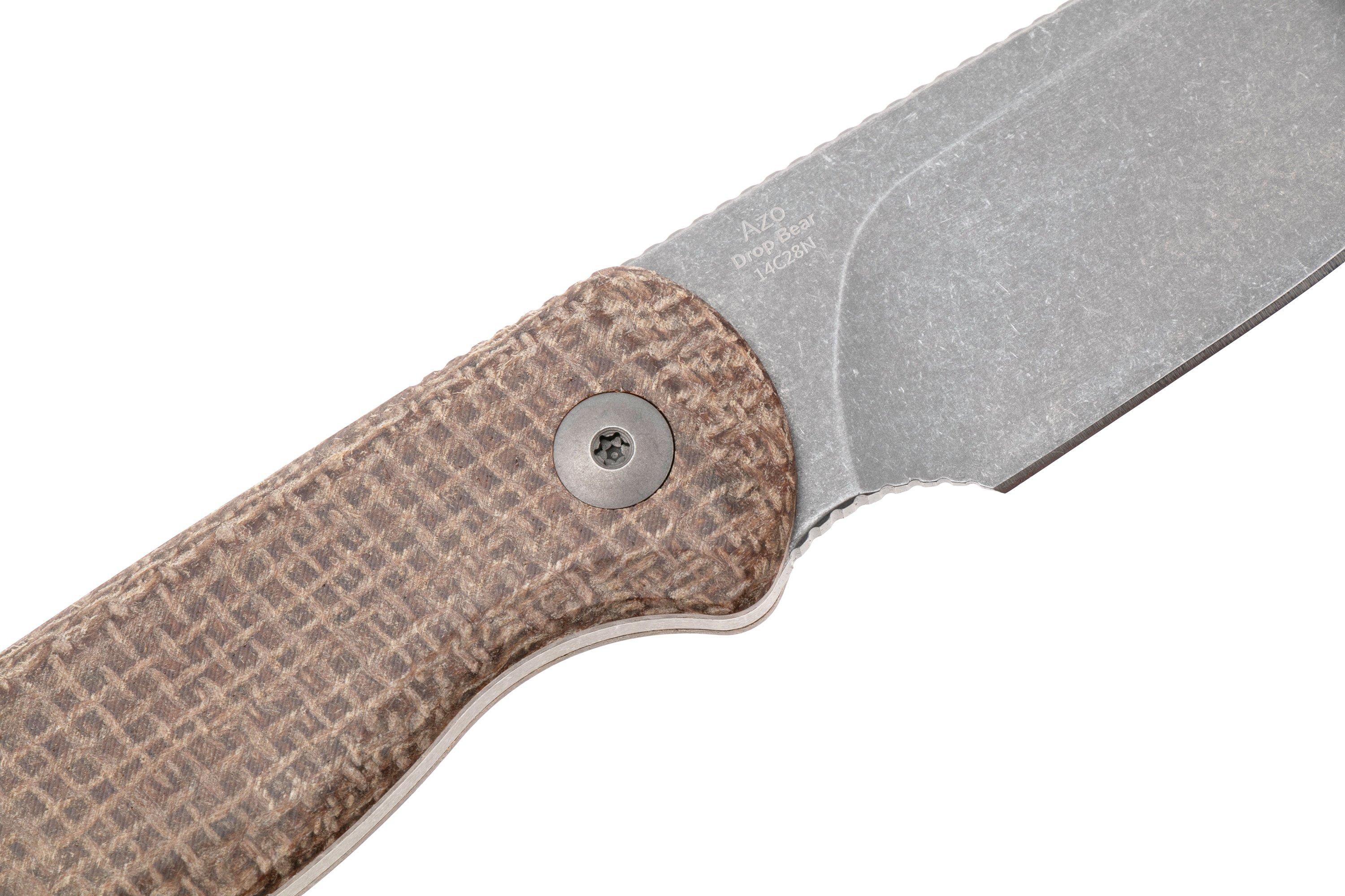 Kizer Drop Bear 1094A1 Gray Stonewash 14C28N, Burlap Micarta, fixed ...
