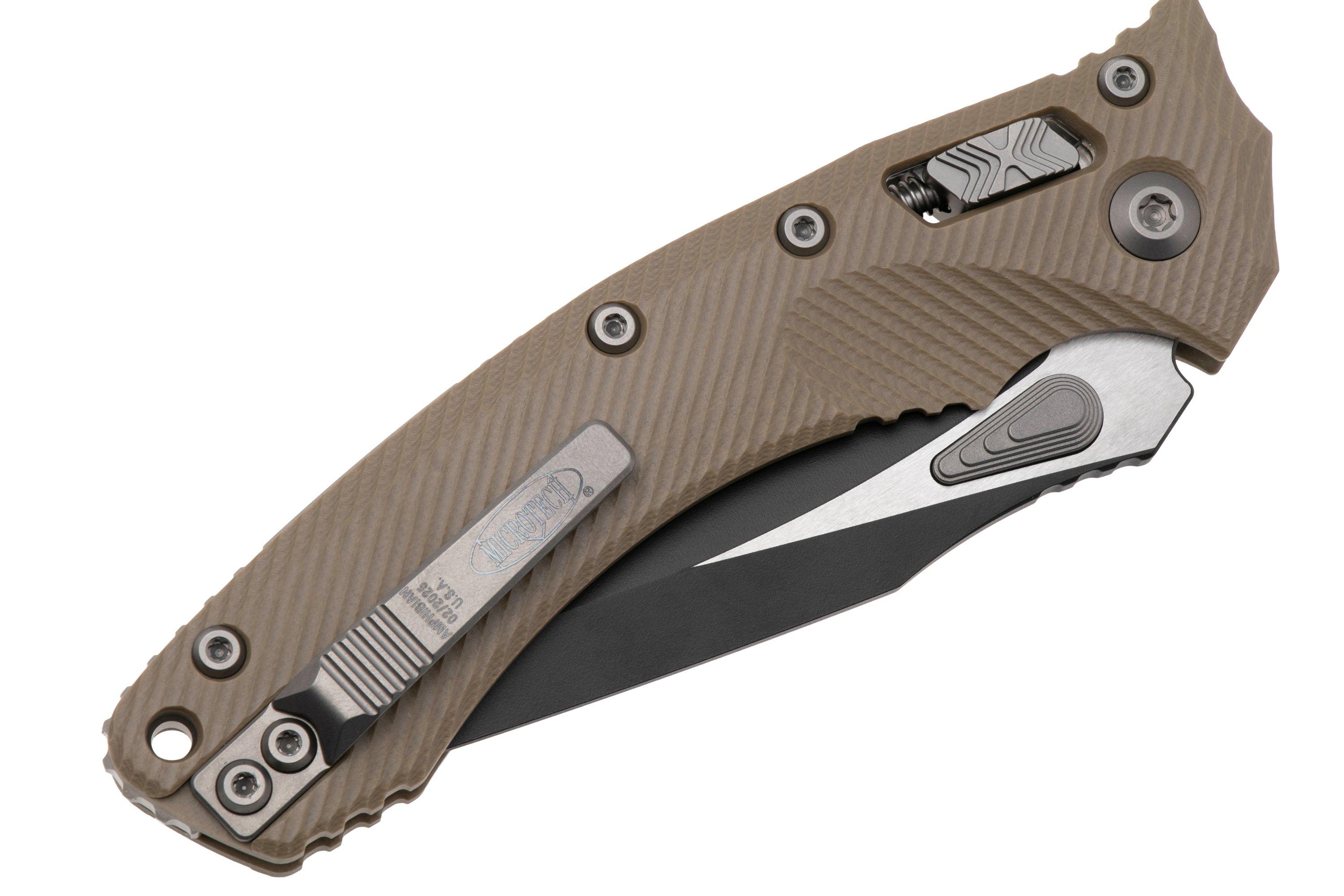 Microtech Amphibian 137RL-1FLGTTA, Two Tone Black M390MK, Fluted Tan G ...