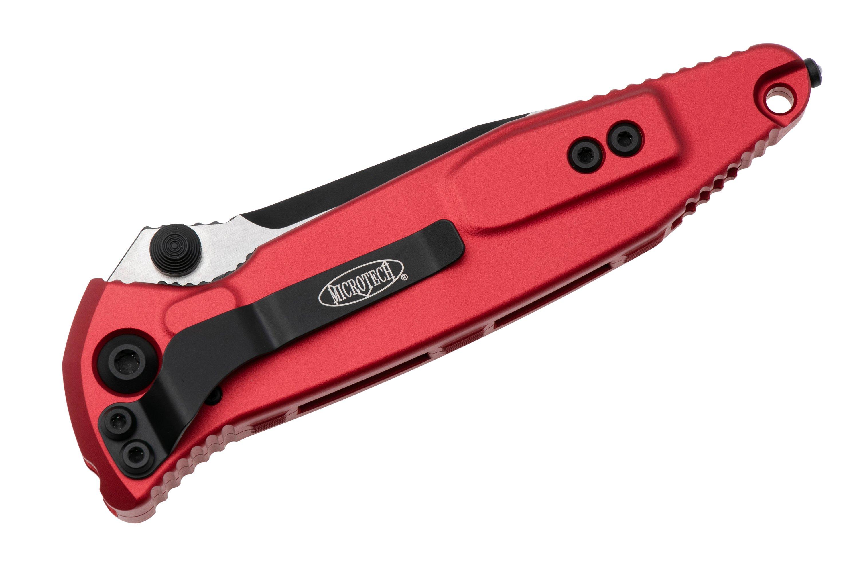 Microtech Socom Elite 160-2RD, Two Tone Black M390 Clippoint, Red Aluminum, navalha parcialmente ...