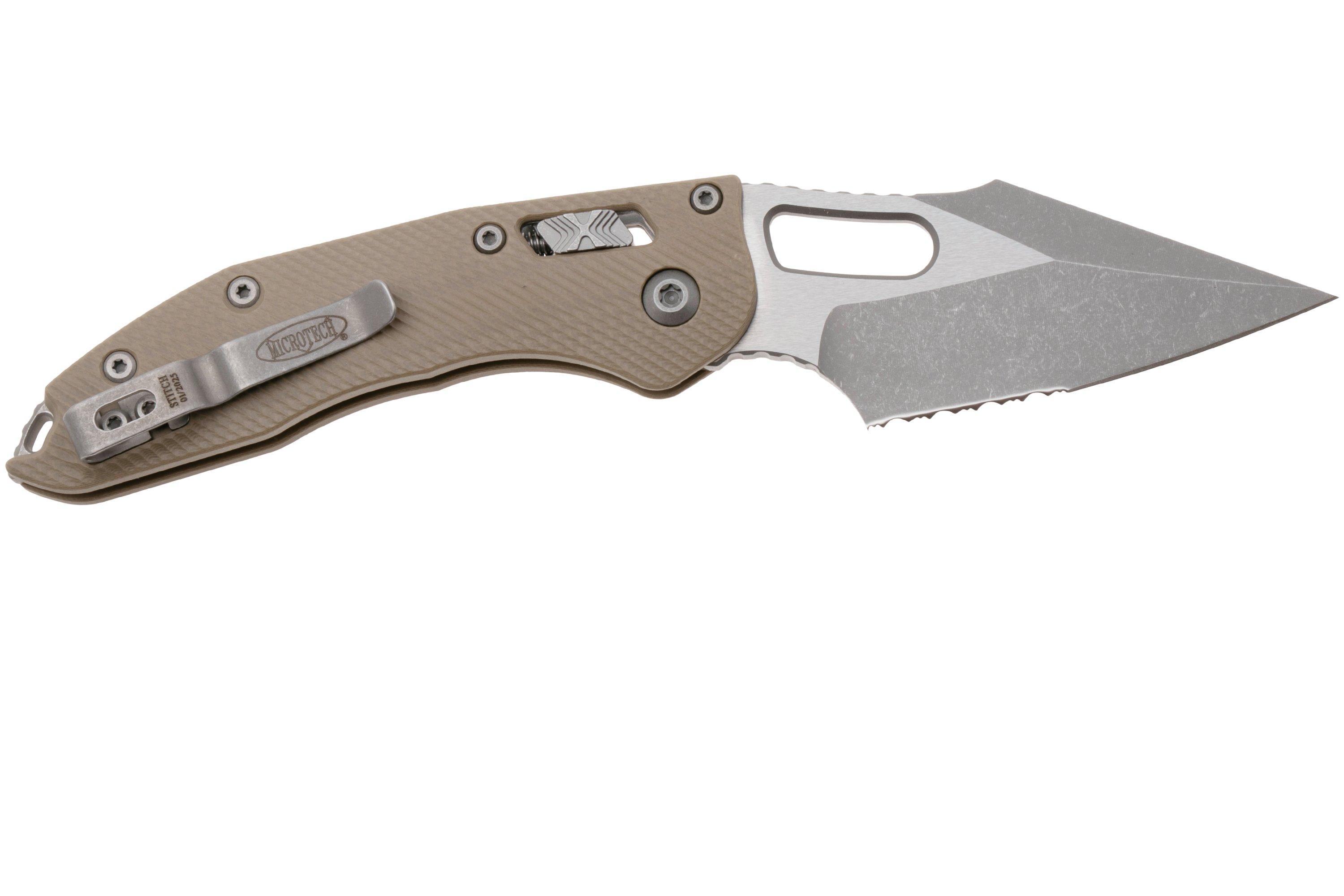Microtech Stitch 169RL-11APFLGTTA, Apocalyptic Stonewashed M390MK, Fluted Tan G10, partially ...