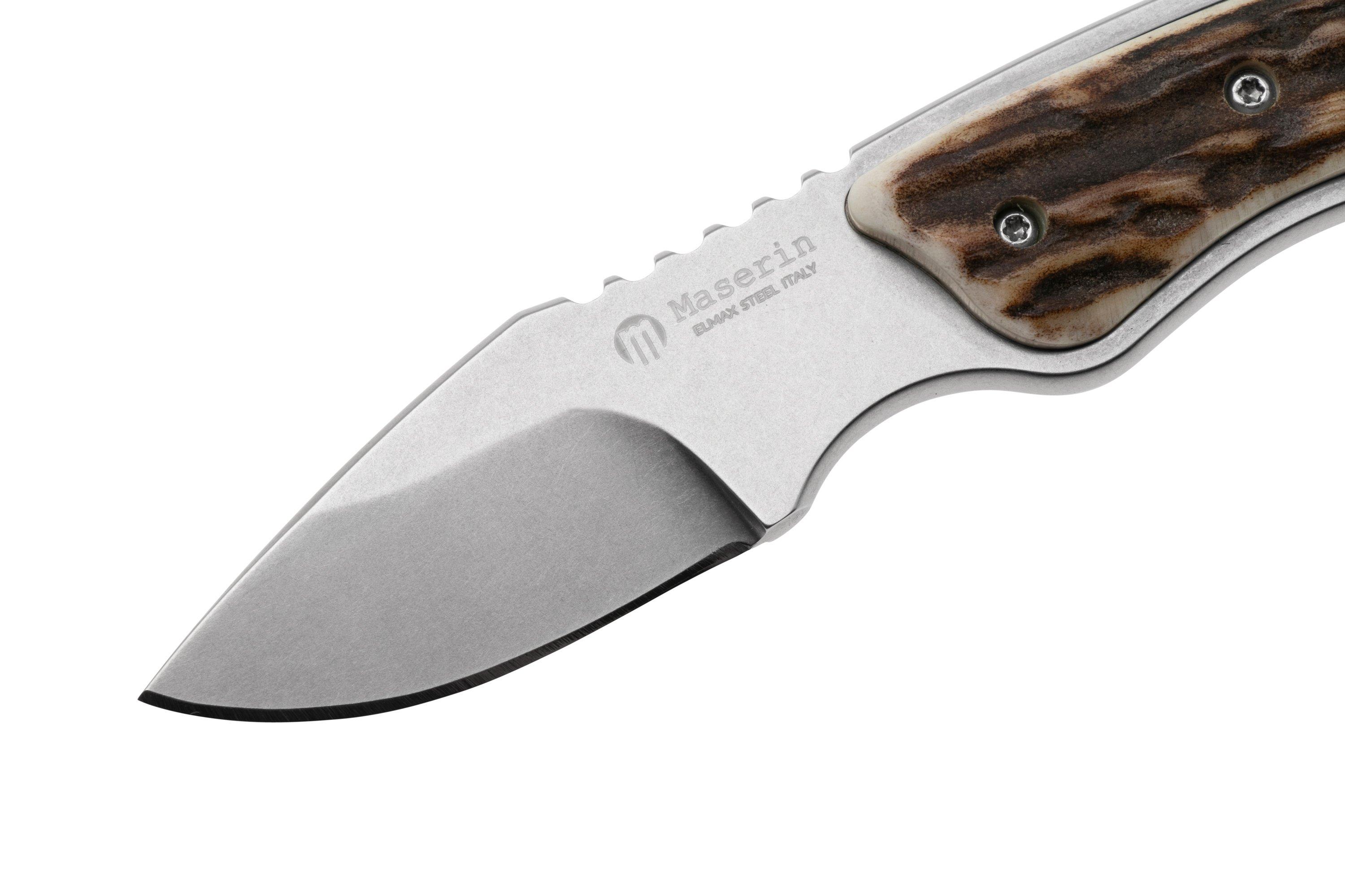 Maserin Mini Trapper 924-CV-2 Stonewashed Elmax, Stag Horn, Leather Sheath Restraining Strap ...