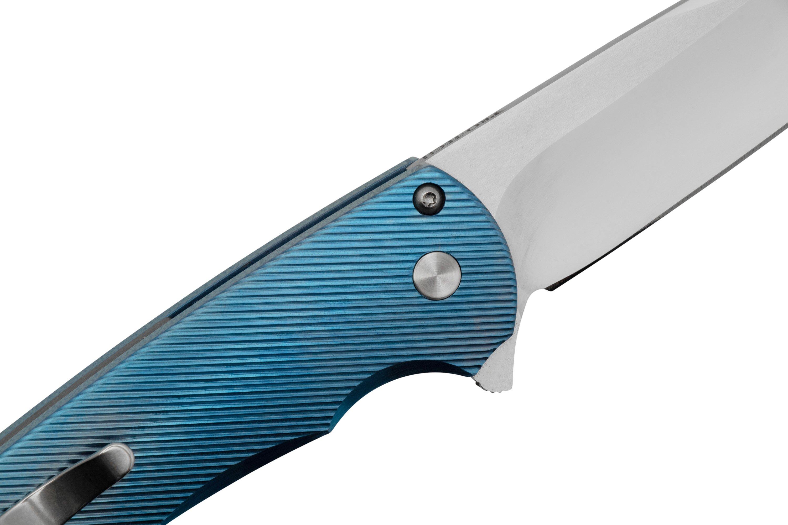 Pro-Tech Malibu Mike Irie Custom 2023, Blue Titanium handle, Gold Lip Pearl Button, Wharncliffe ...