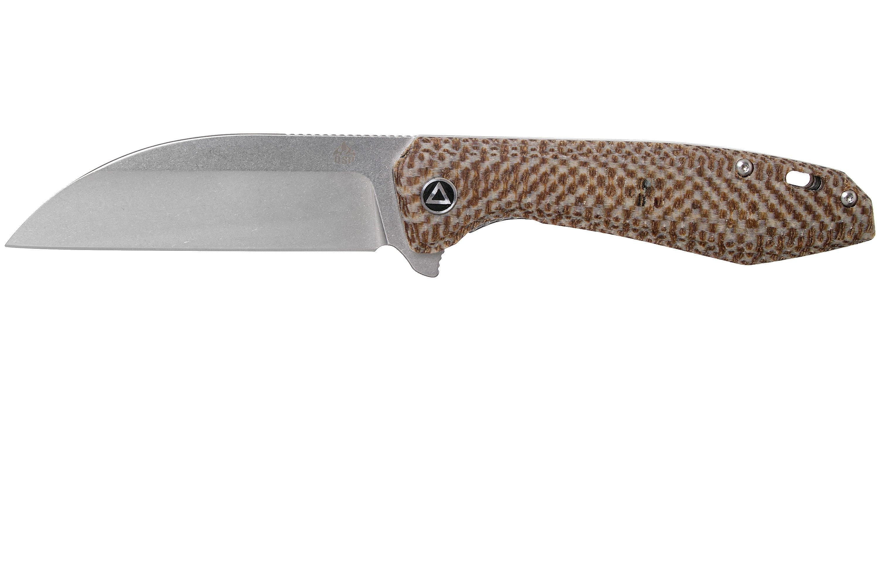 QSP Knife Pelican QS118-A1 Stonewash, Textured Brown Micarta pocket ...