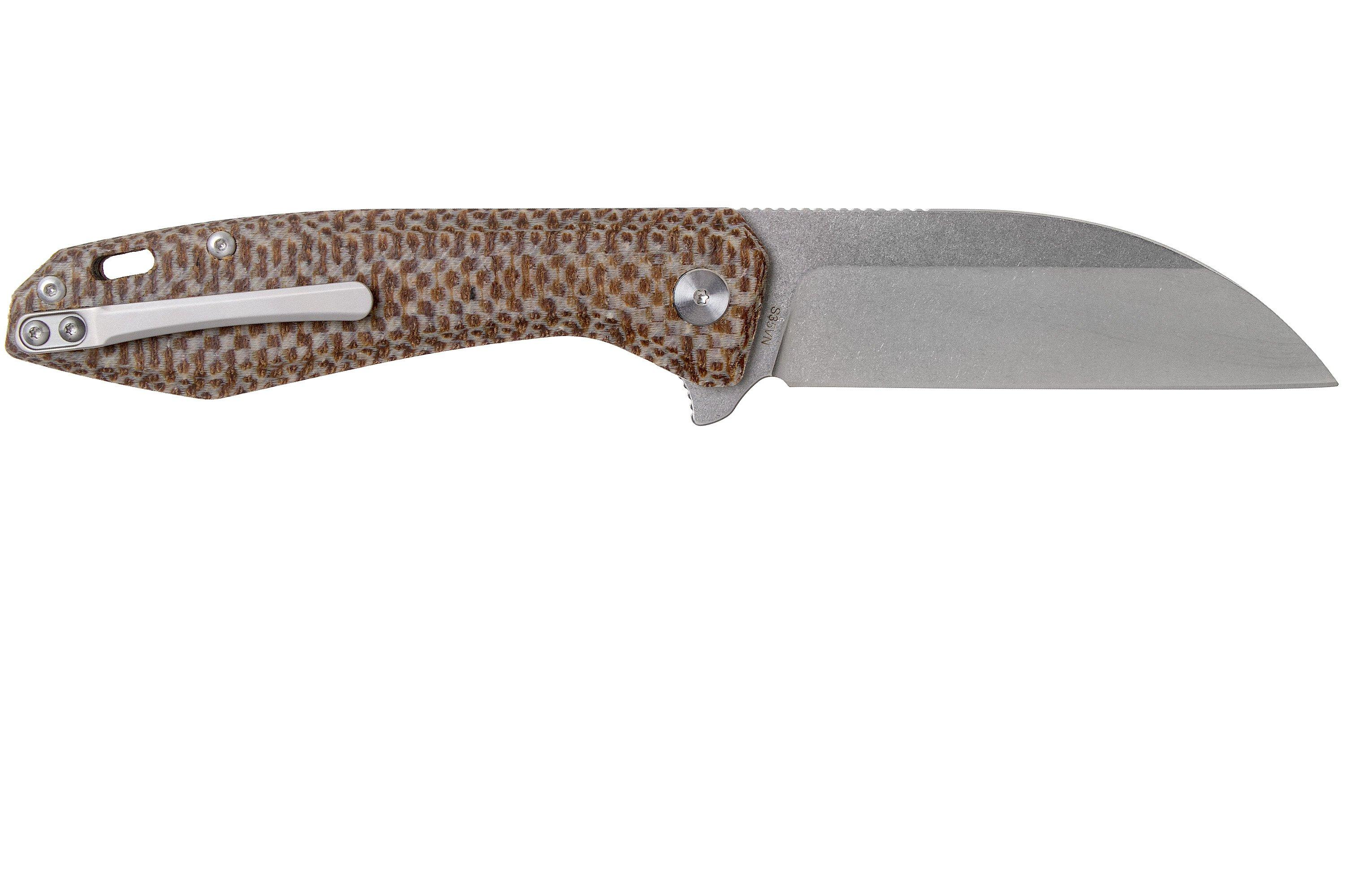 QSP Knife Pelican QS118-A1 Stonewash, Textured Brown Micarta pocket ...