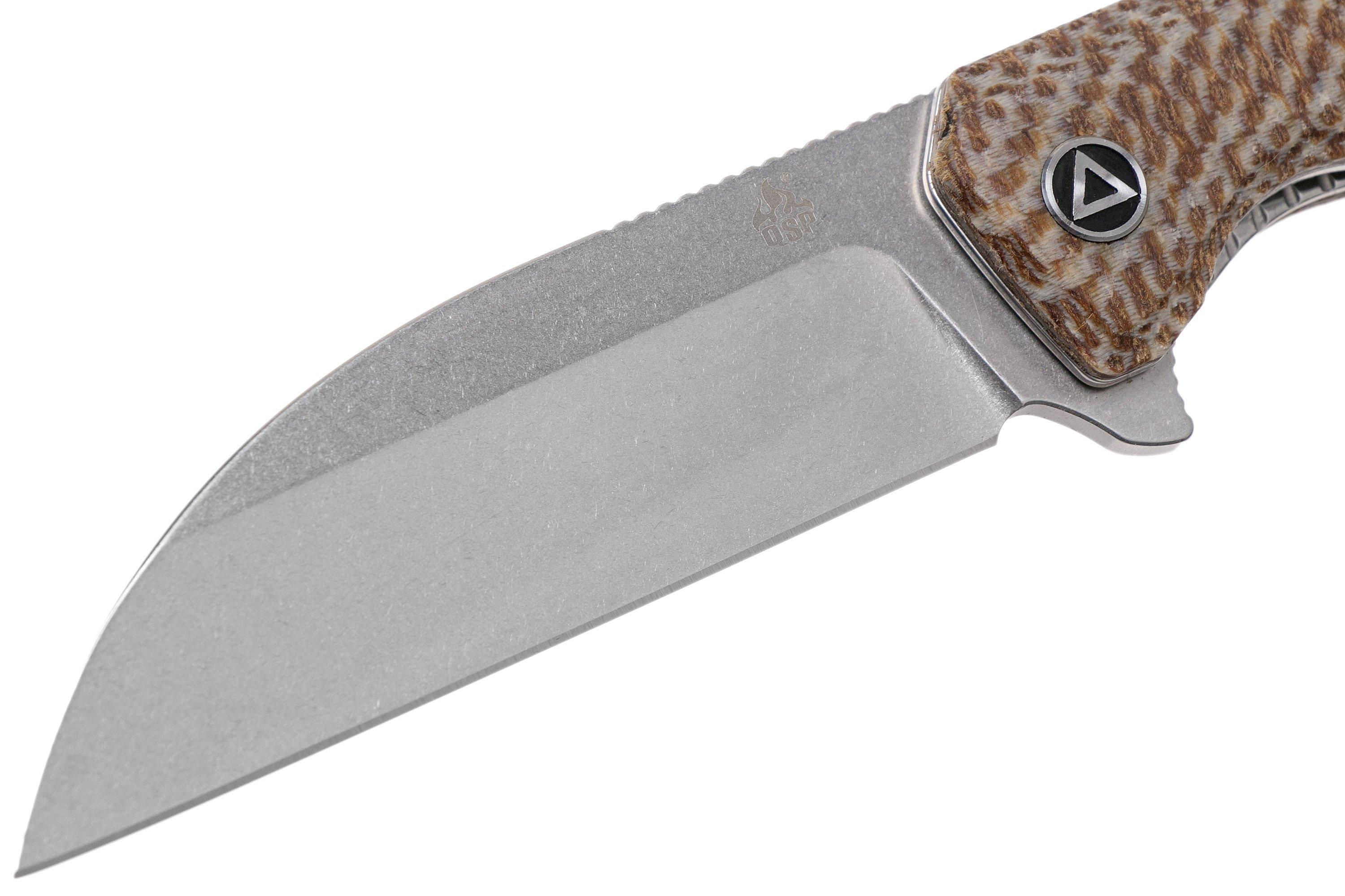 QSP Knife Pelican QS118-A1 Stonewash, Textured Brown Micarta pocket ...