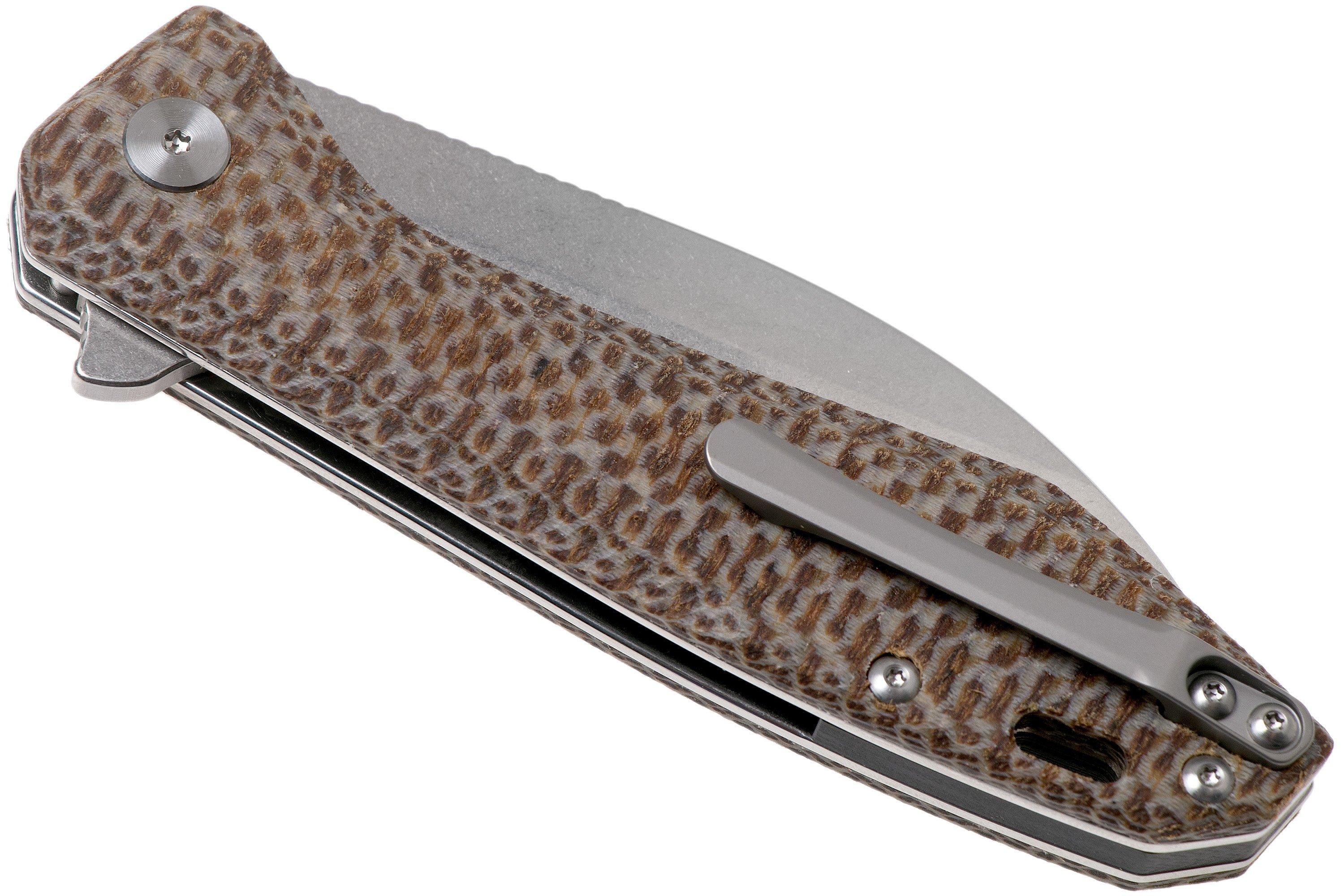 QSP Knife Pelican QS118-A1 Stonewash, Textured Brown Micarta pocket ...