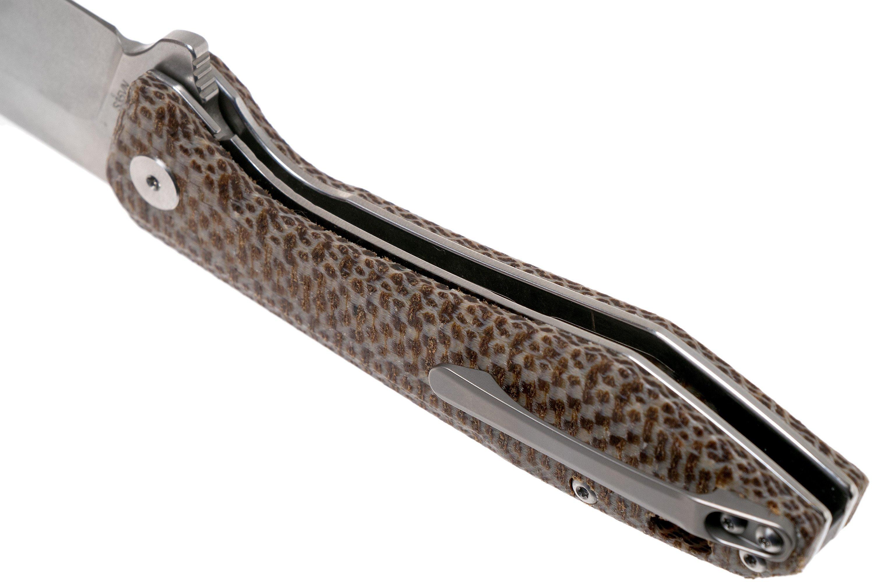 QSP Knife Pelican QS118-A1 Stonewash, Textured Brown Micarta pocket ...