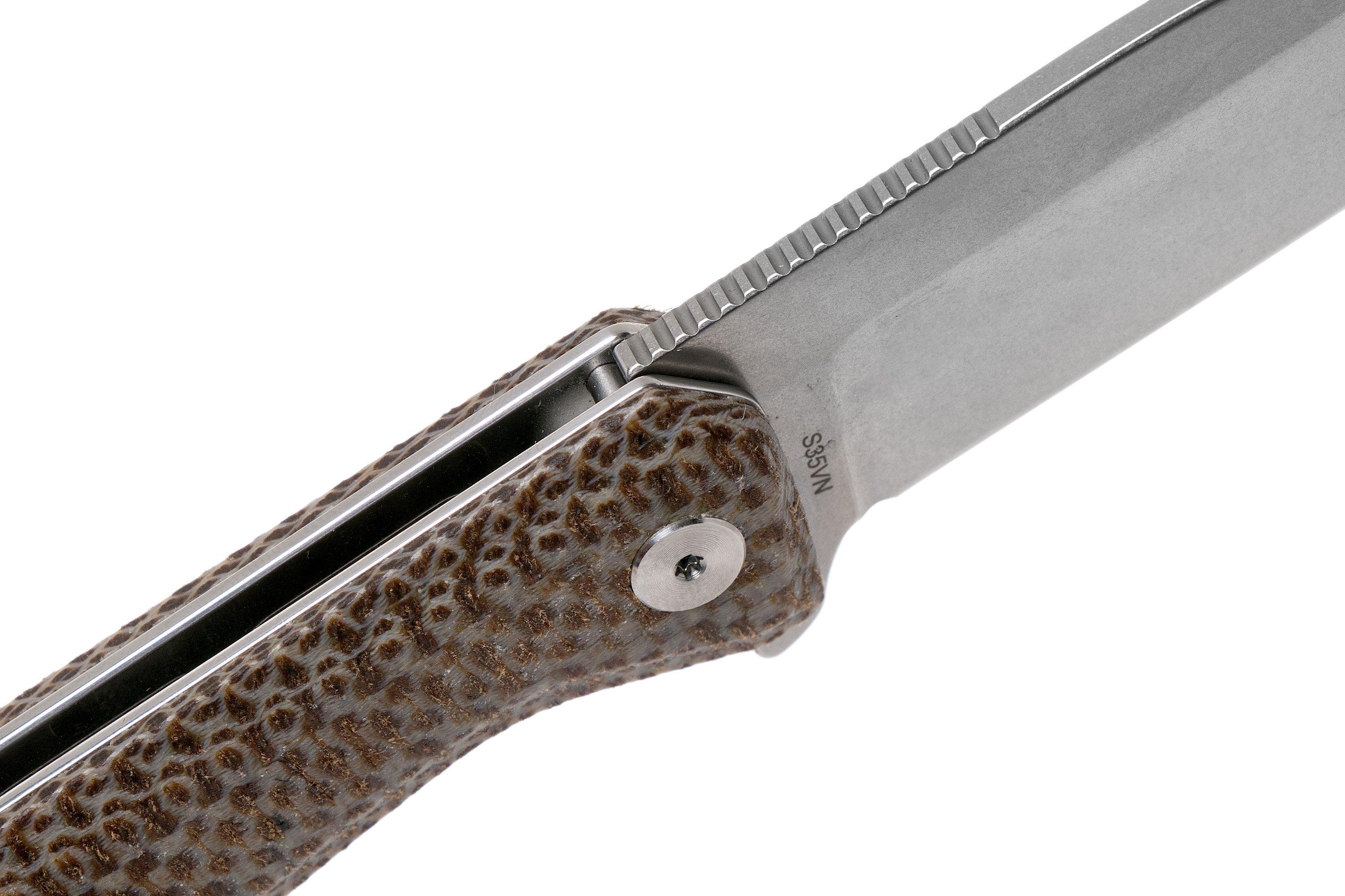 QSP Knife Pelican QS118-A1 Stonewash, Textured Brown Micarta pocket ...