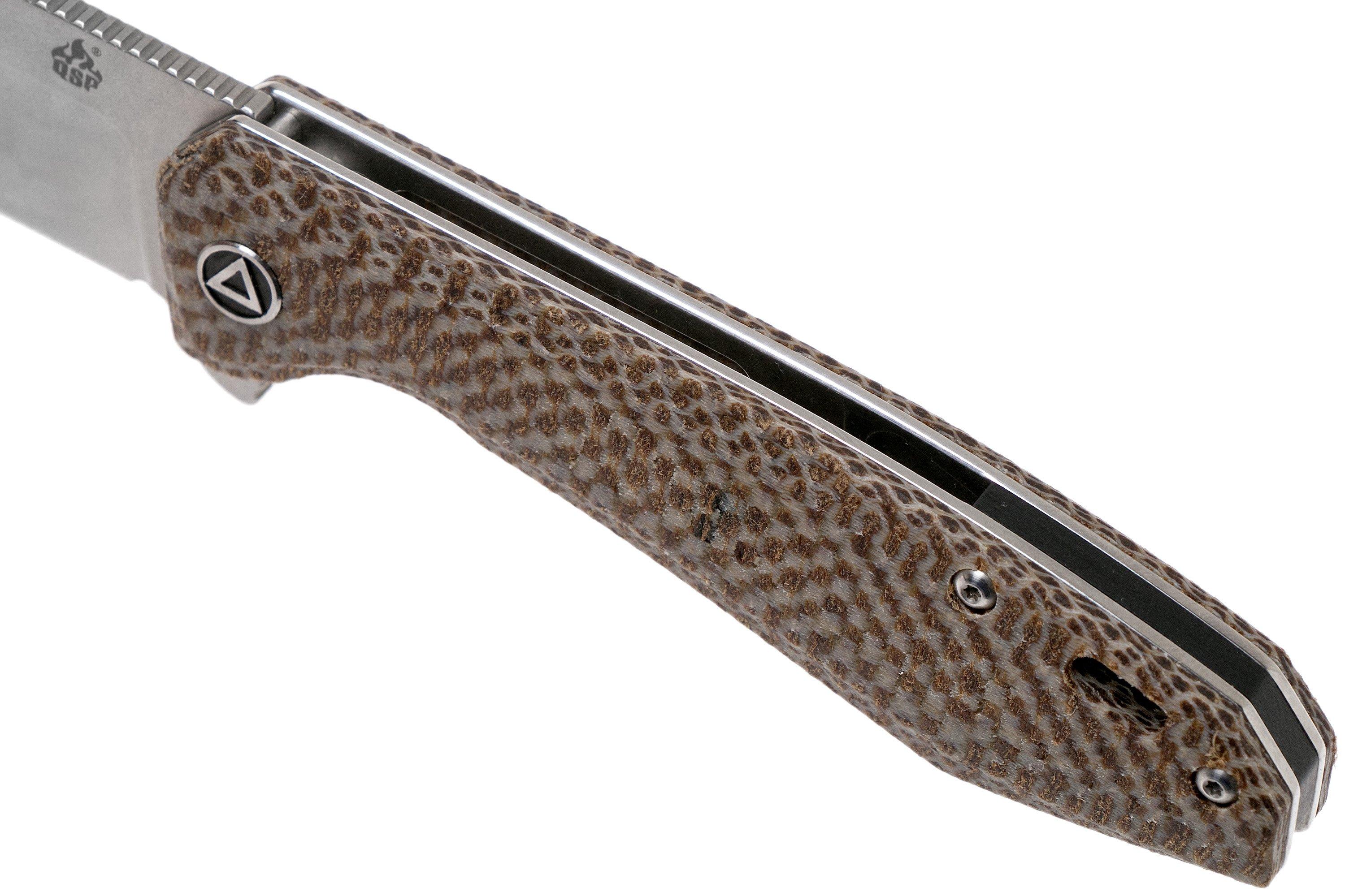QSP Knife Pelican QS118-A1 Stonewash, Textured Brown Micarta pocket ...