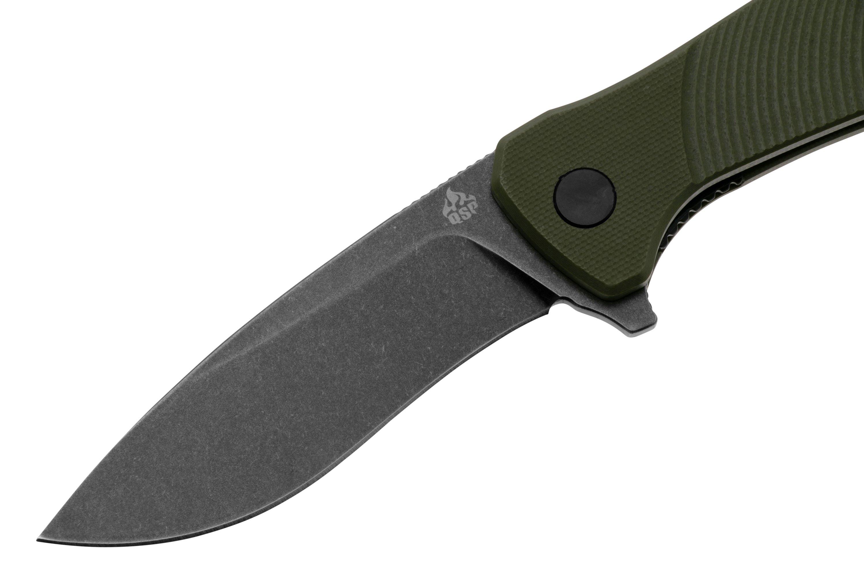 QSP Knife Raven QS122-B2 Blackwashed D2, Green G10, pocket knife ...