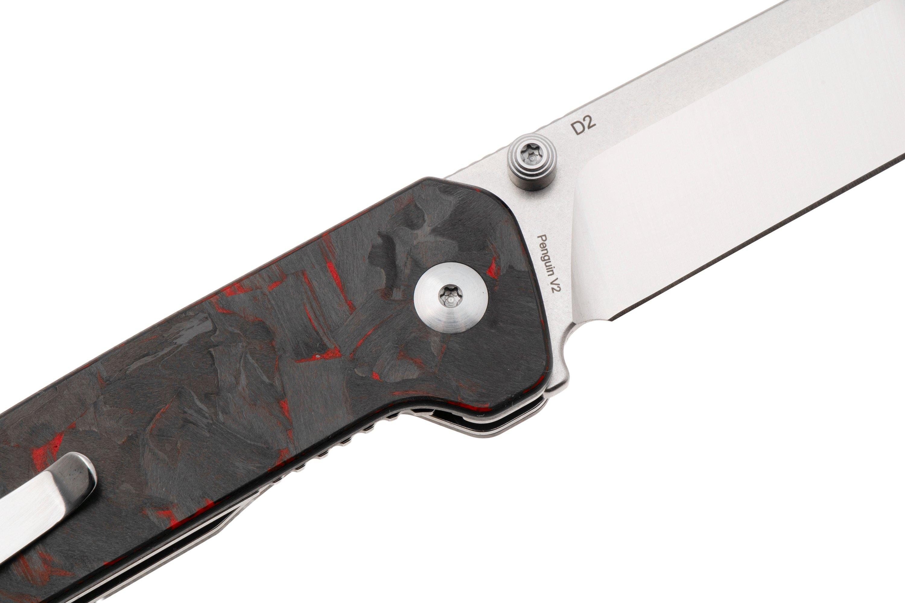 QSP Knife Penguin V2 QS130V2-F1 Two-Tone D2, G10 Shredded Carbon Overlay, couteau de poche ...