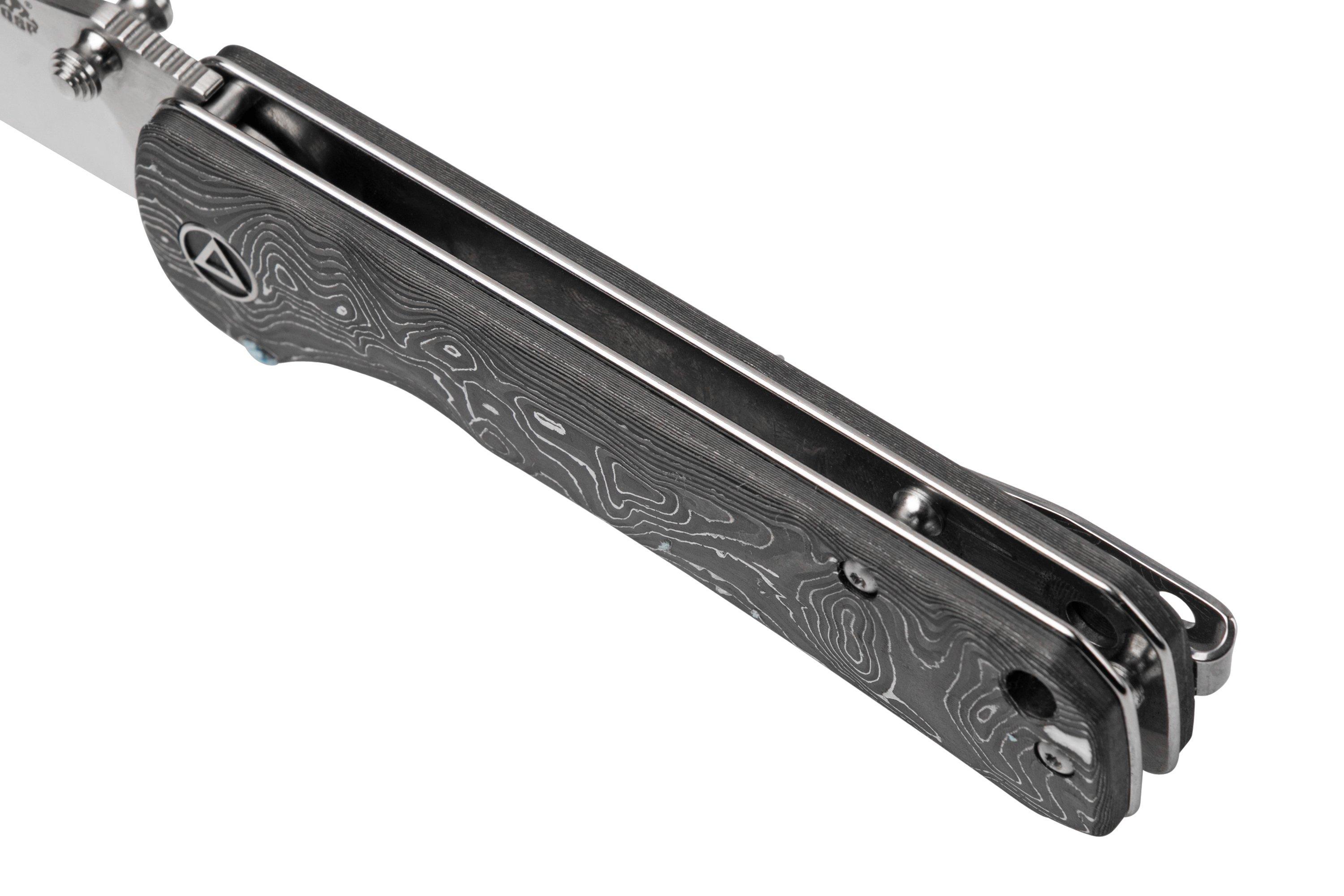 QSP Knife Hawk QS131-R Damascus, Copper Foil Carbon fibre pocket knife ...