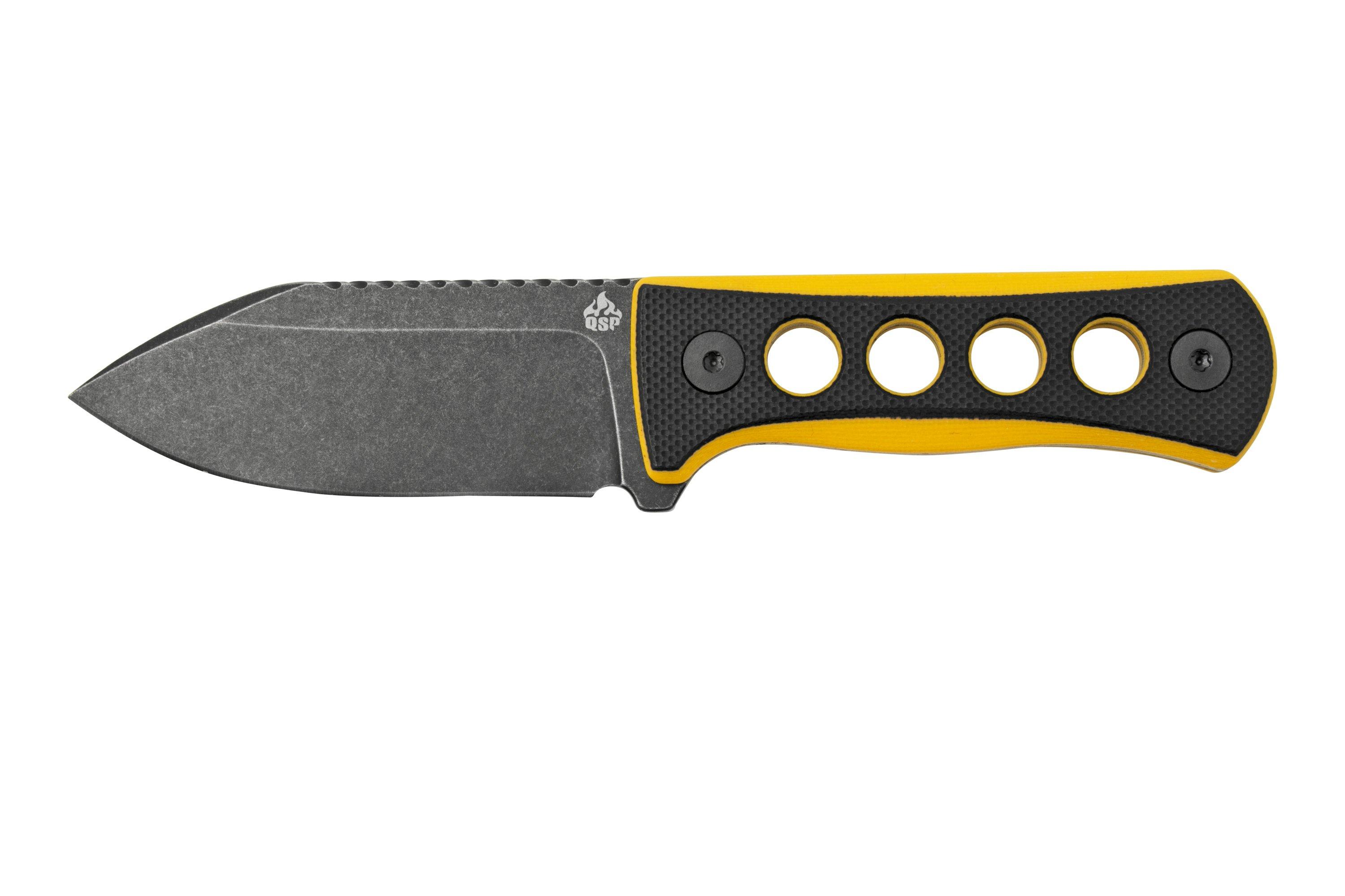 QSP Knife Canary QS141-A2 Blackwashed, Black Yellow G10, neck knife ...
