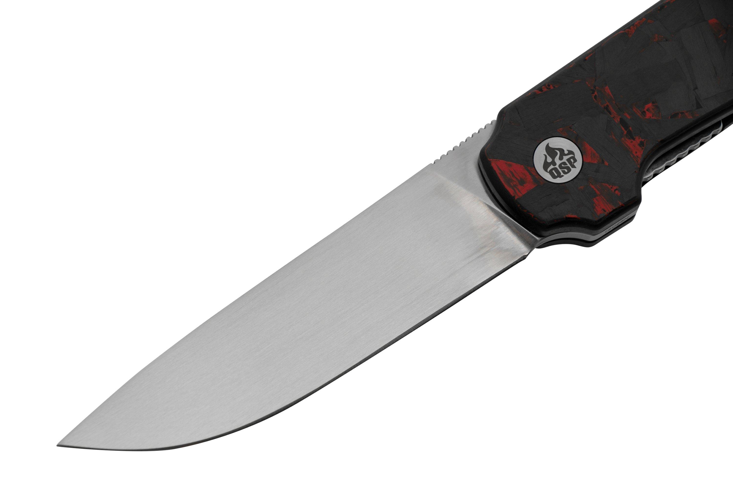 QSP Knife Lark QS144-D, Shredded CF Overlay Red G10, Satin 14C28N ...