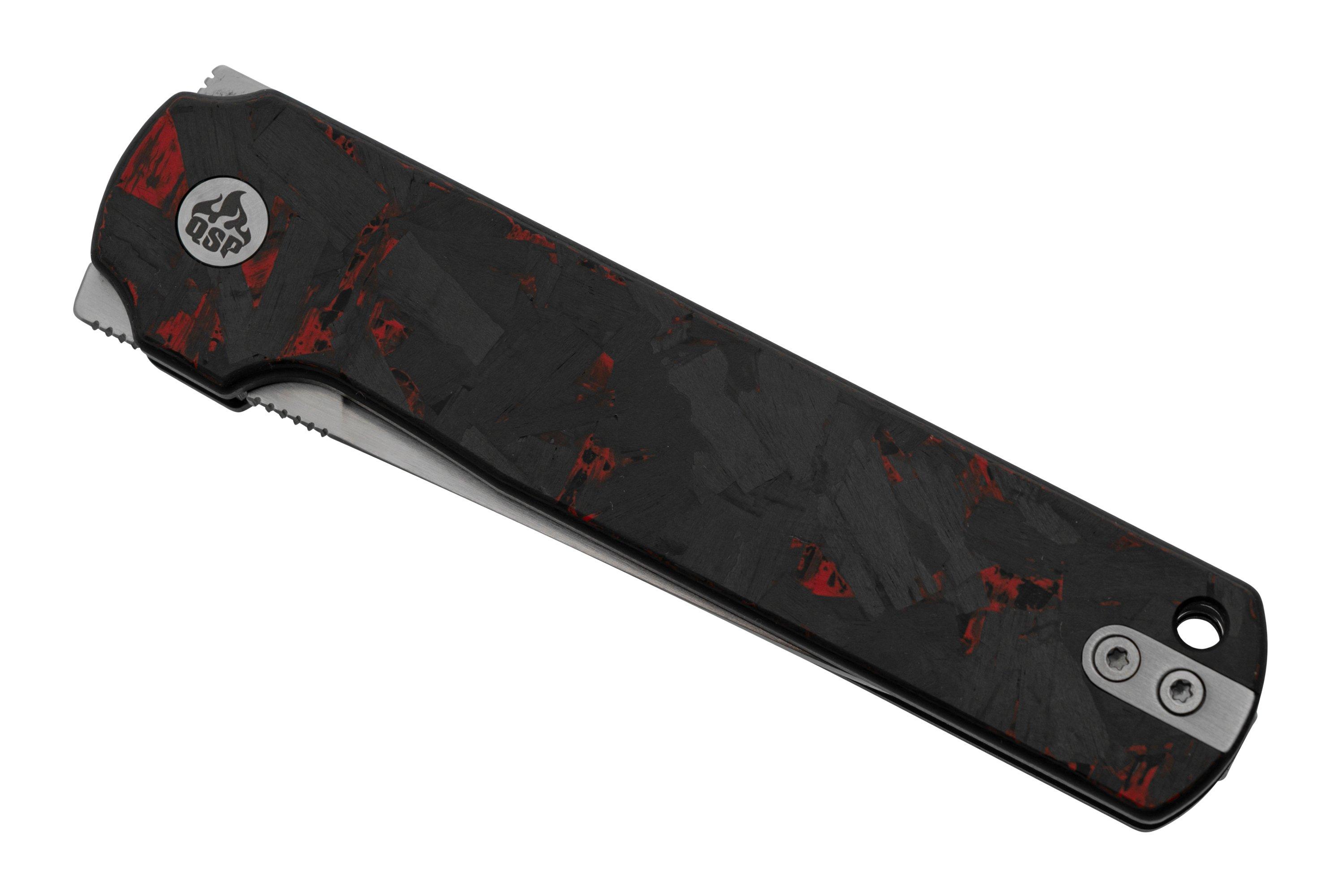 QSP Knife Lark QS144-D, Shredded CF Overlay Red G10, Satin 14C28N ...