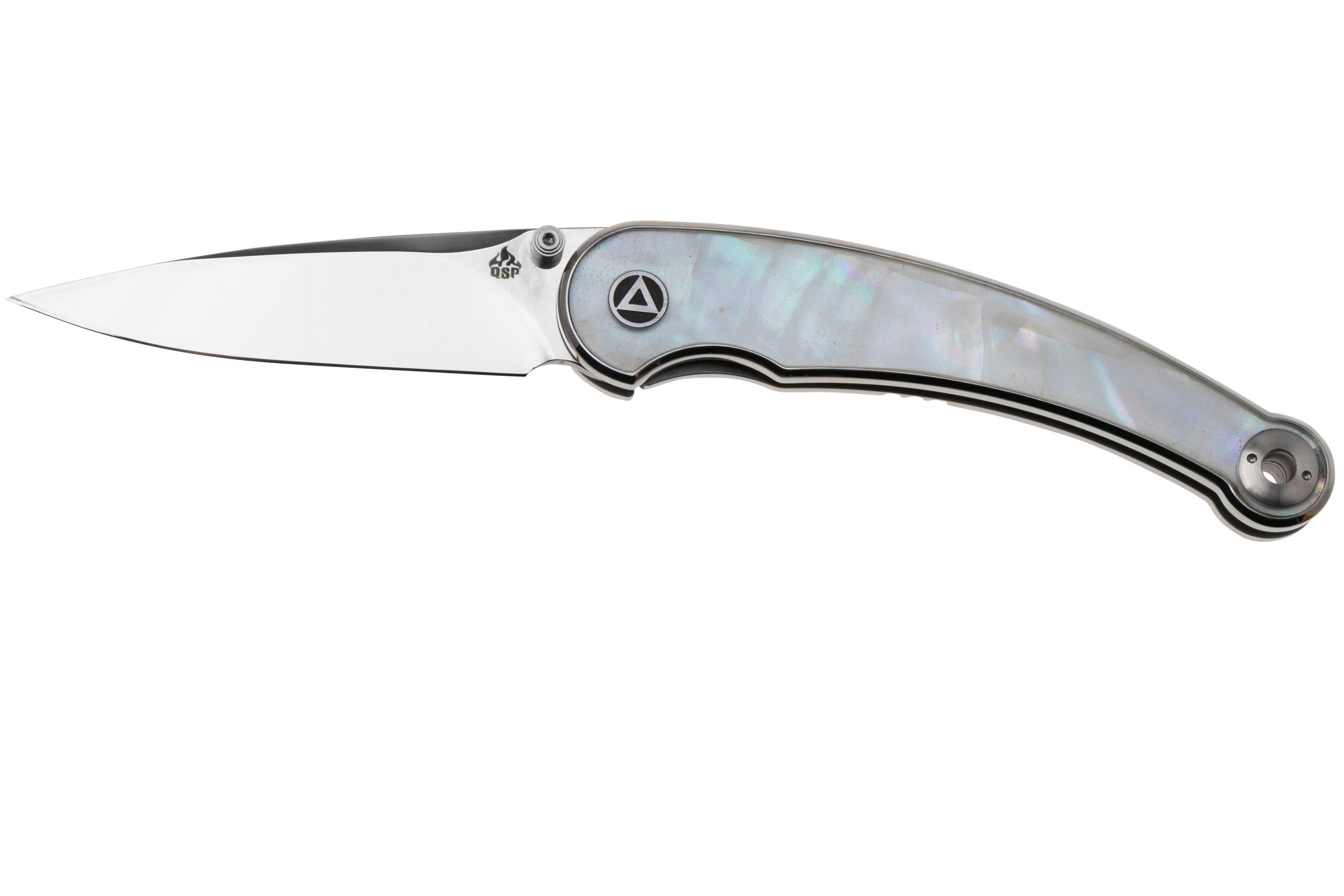 QSP Knife Dolphin 161-C Polished 14C28N, White Pearl Shell, pocket ...