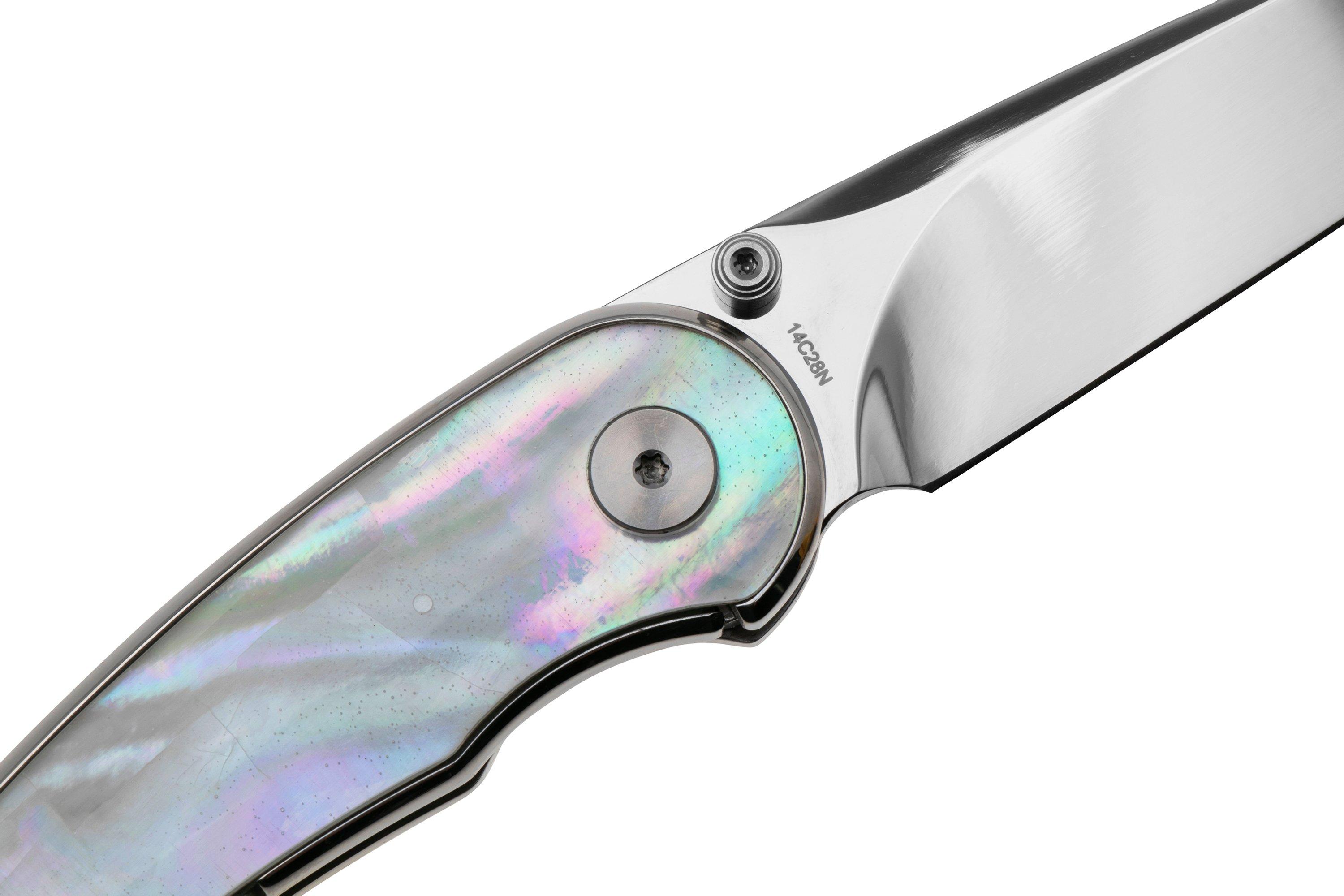 QSP Knife Dolphin 161-C Polished 14C28N, White Pearl Shell, pocket ...