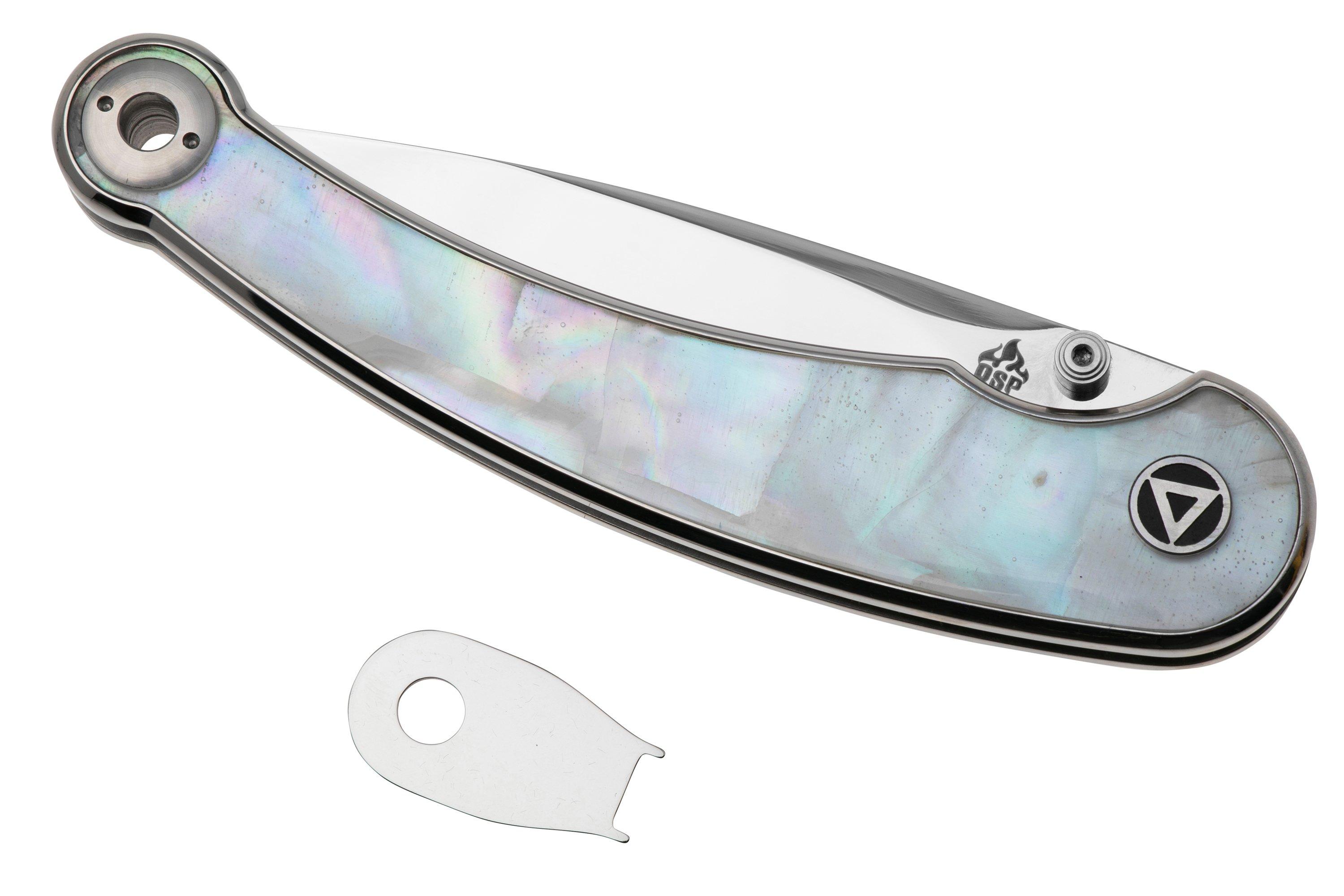 QSP Knife Dolphin 161-C Polished 14C28N, White Pearl Shell, pocket ...