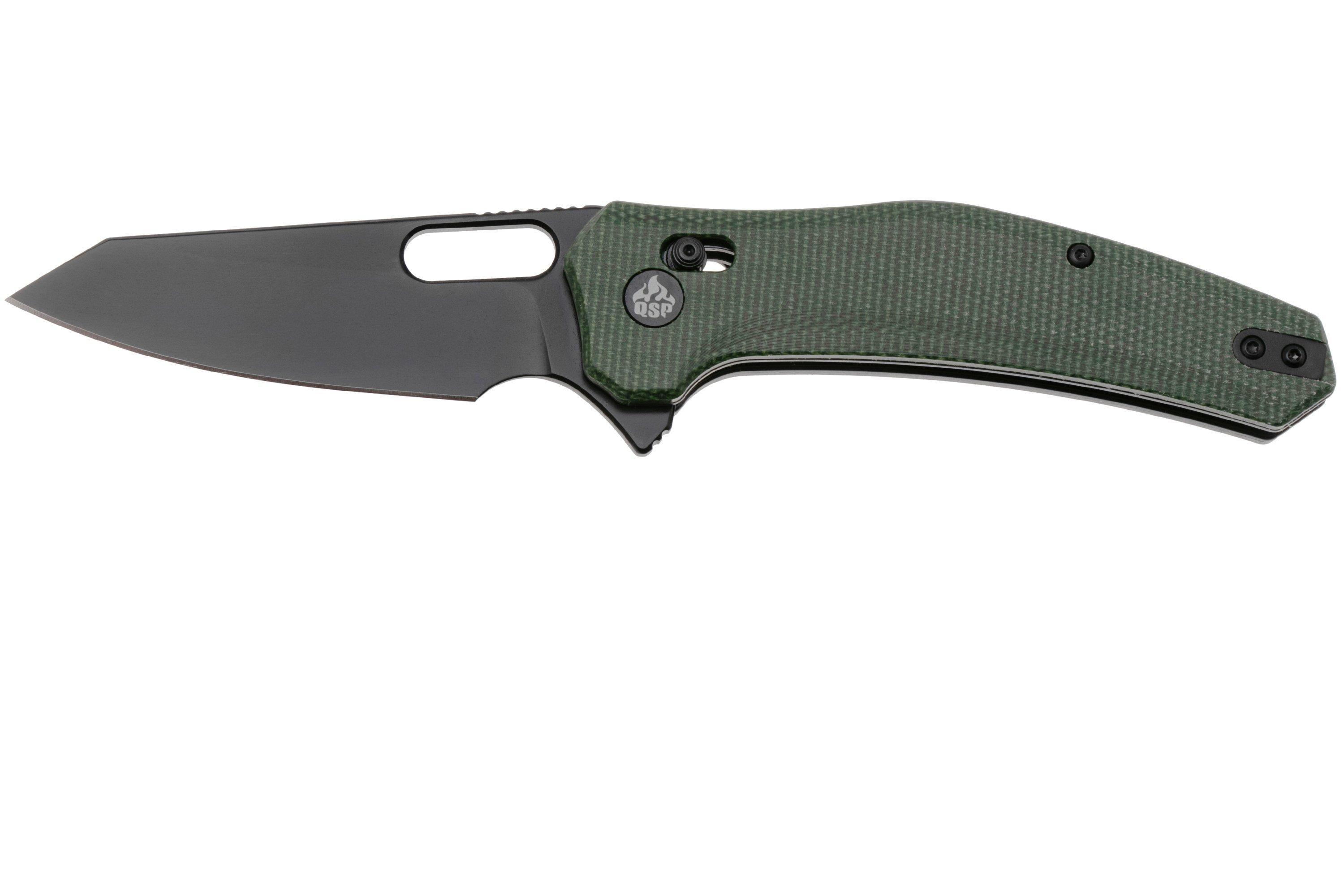QSP Knife Emu 164-B2, Black 14C28N, Green Micarta, pocket knife ...