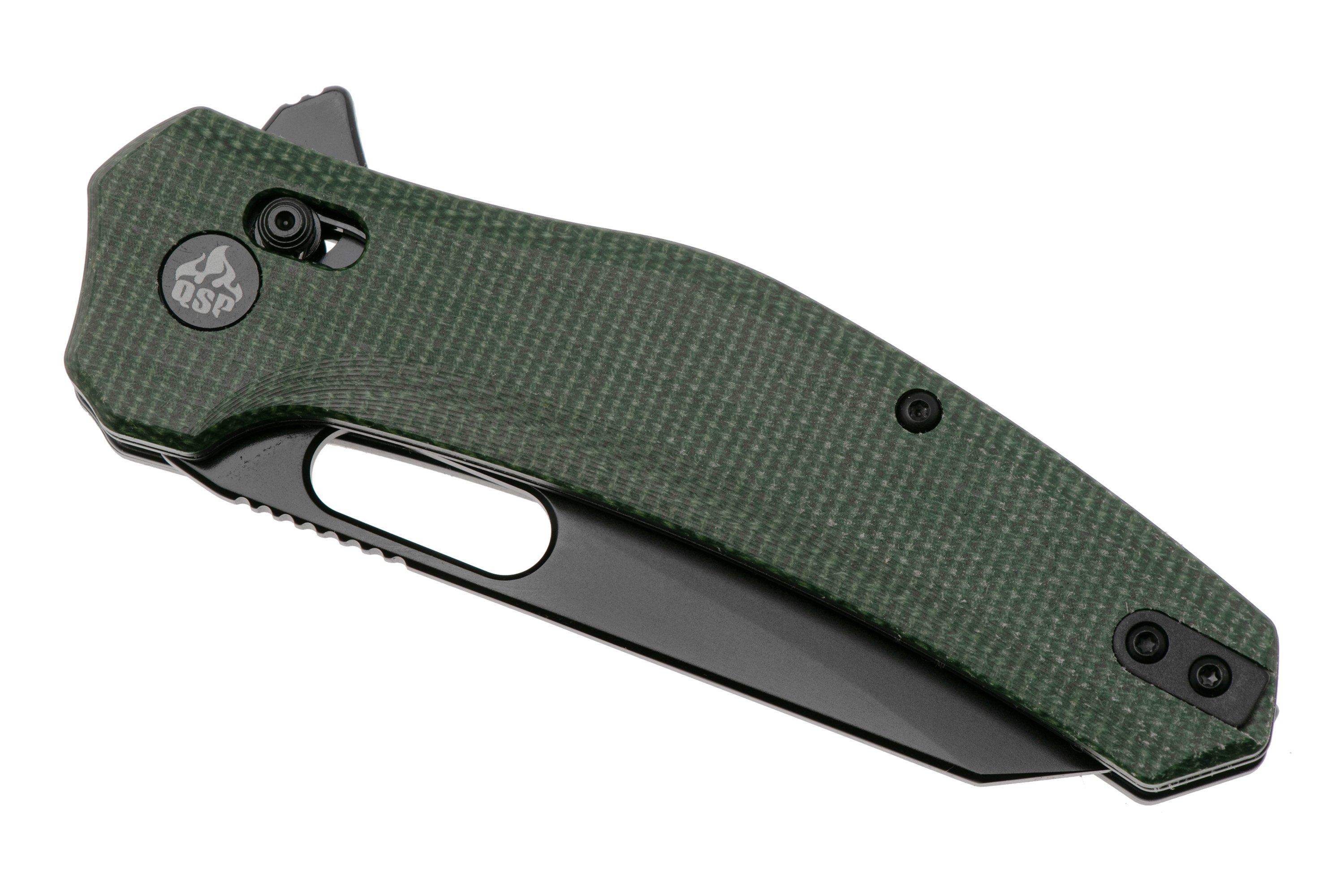 QSP Knife Emu 164-B2, Black 14C28N, Green Micarta, pocket knife ...